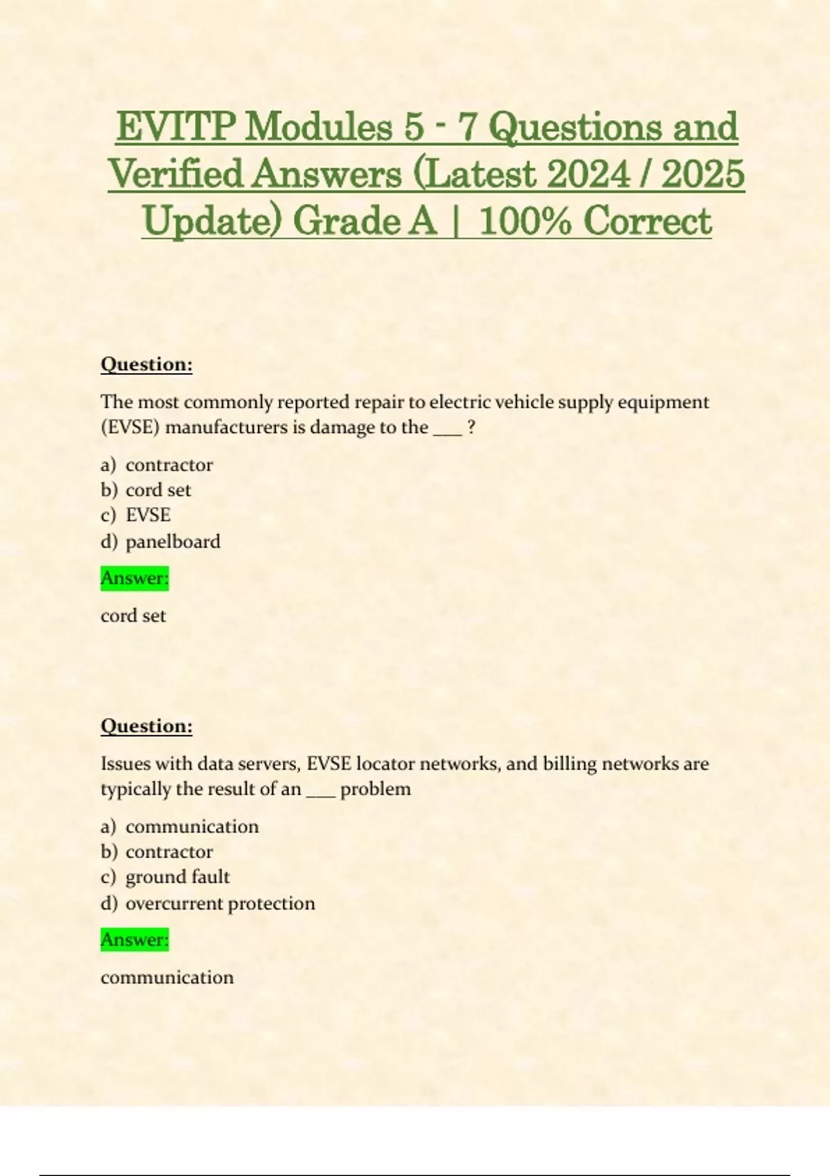 EVITP Modules 5 - 7 Questions and Verified Answers (Latest 2024 / 2025 ...