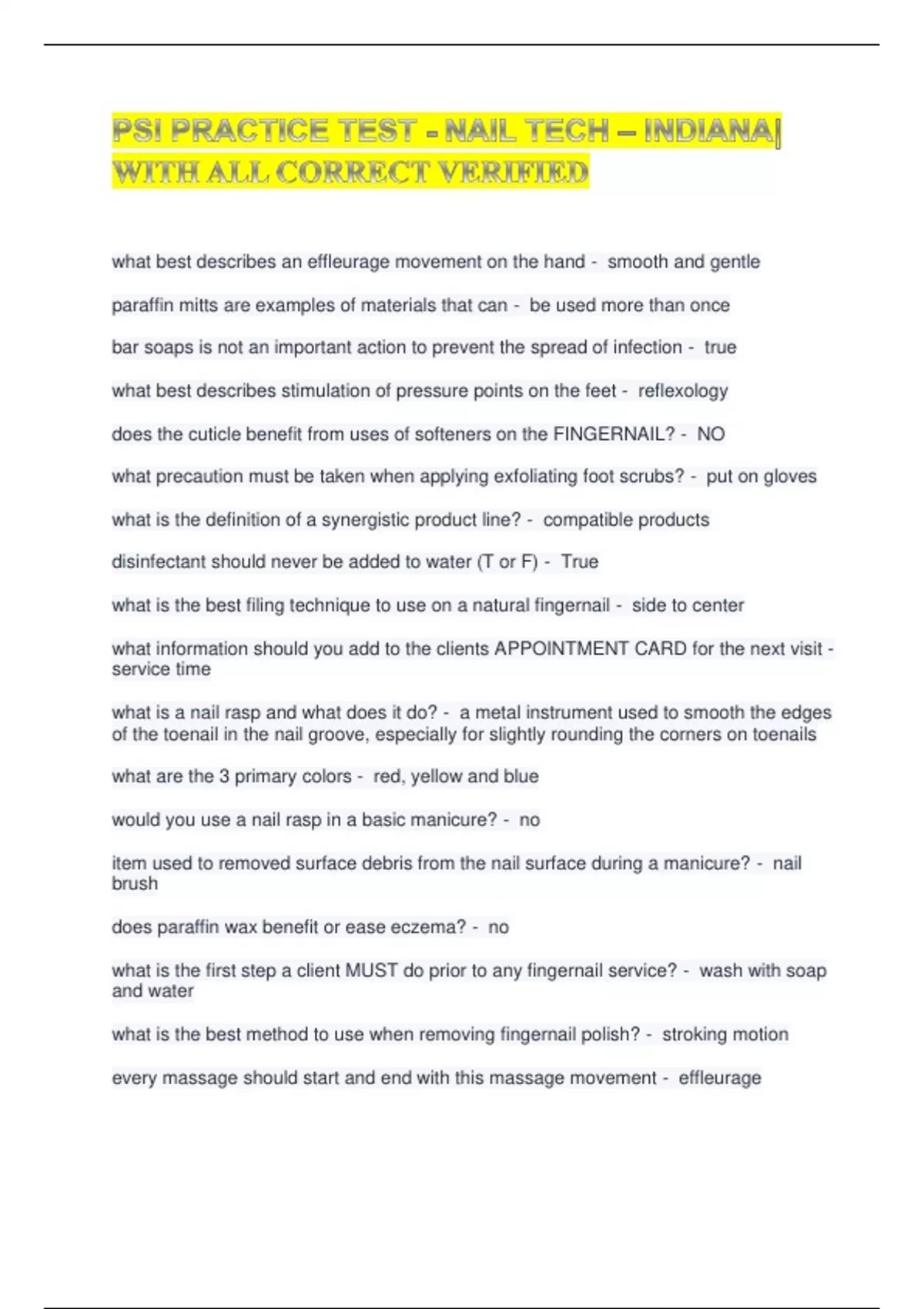 PSI PRACTICE TEST - NAIL TECH – INDIANA| WITH ALL CORRECT VERIFIED ...