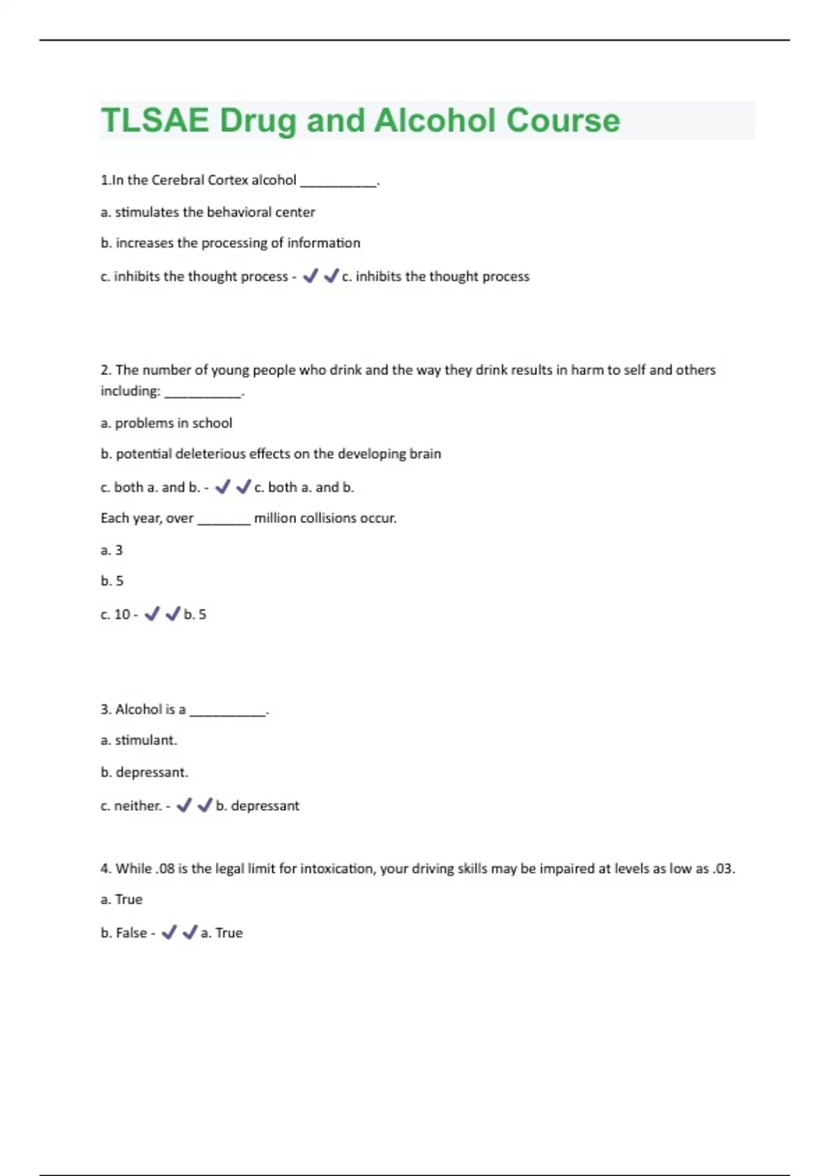 Tlsae Drug And Alcohol Course Questions And Answers Well Explained Latest 2024 2025 Update 100
