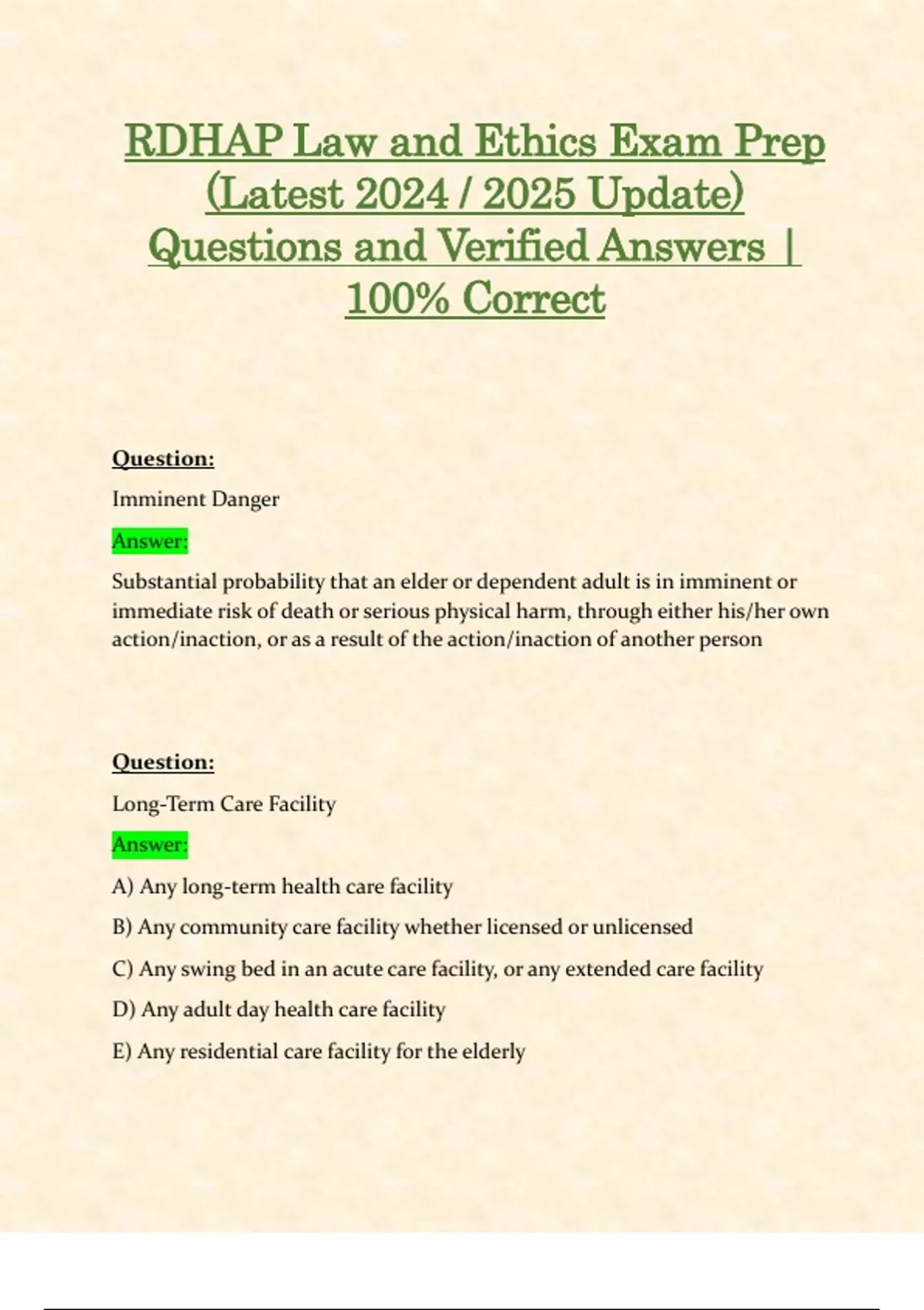 RDHAP Law and Ethics Exam Prep (Latest 2024 / 2025 Update) Questions ...