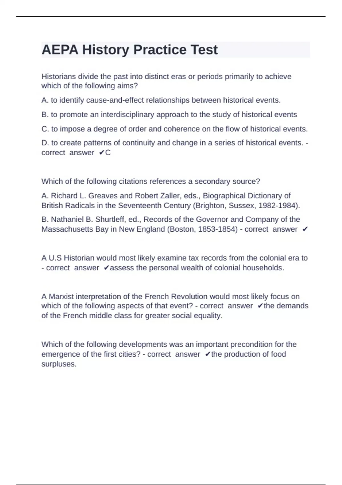 AEPA History Practice Test Question and answers correctly solved 2024 ...