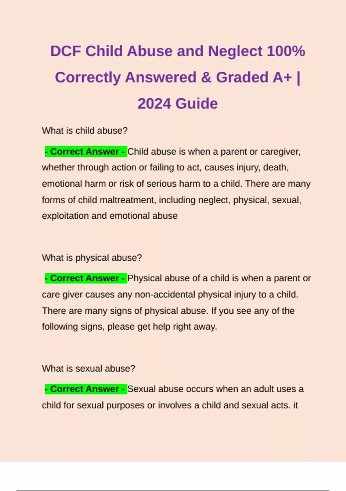 DCF Child Abuse and Neglect 100% Correctly Answered & Graded A+ | 2024 ...