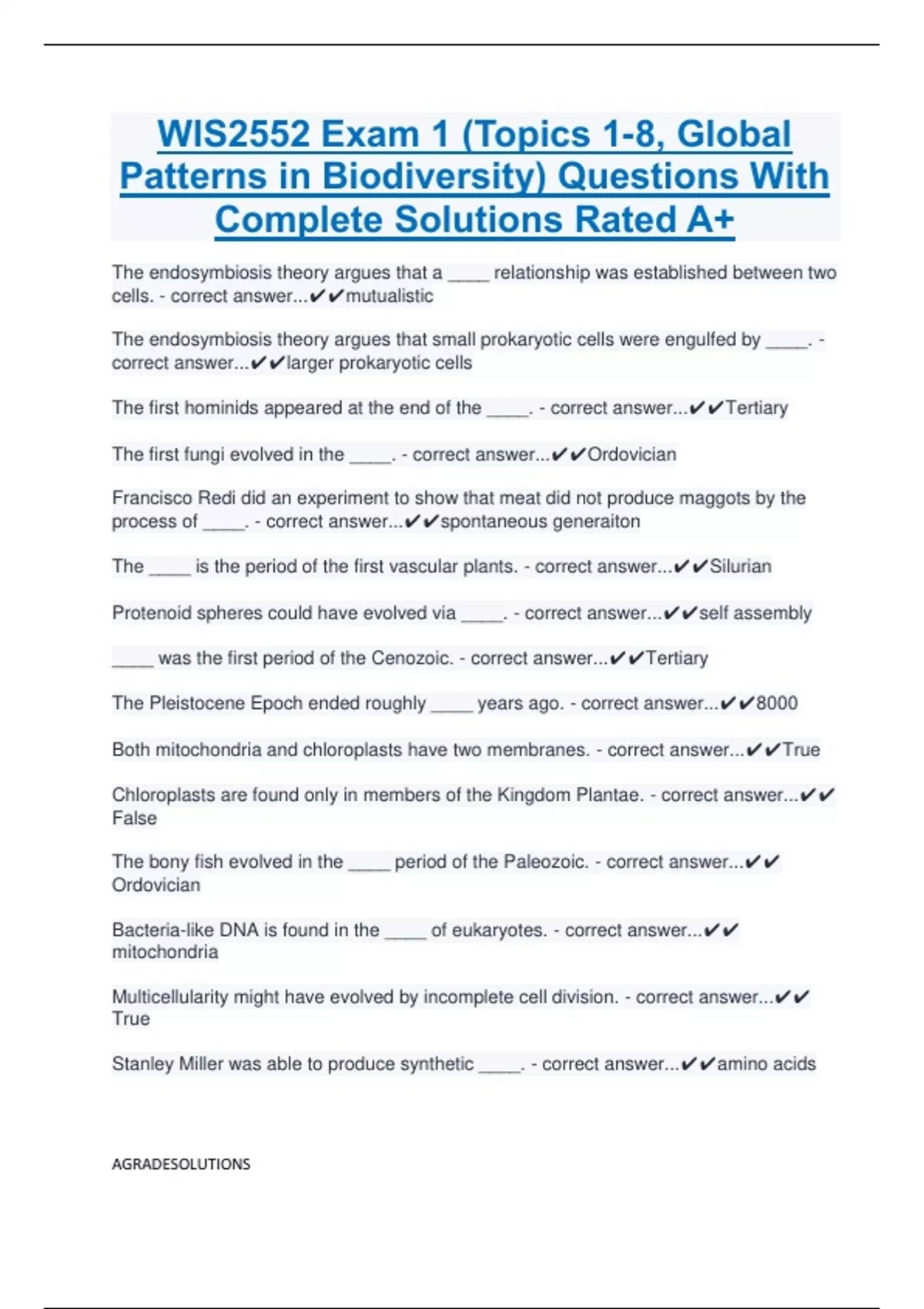 WIS2552 Exam 1 (Topics 1-8, Global Patterns in Biodiversity) Questions ...