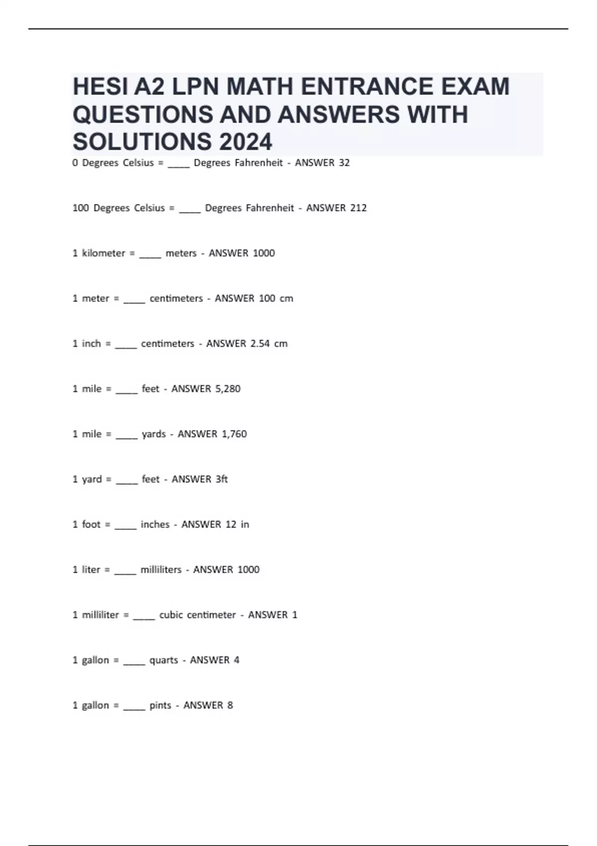 HESI A2 LPN MATH ENTRANCE EXAM QUESTIONS AND ANSWERS WITH SOLUTIONS ...