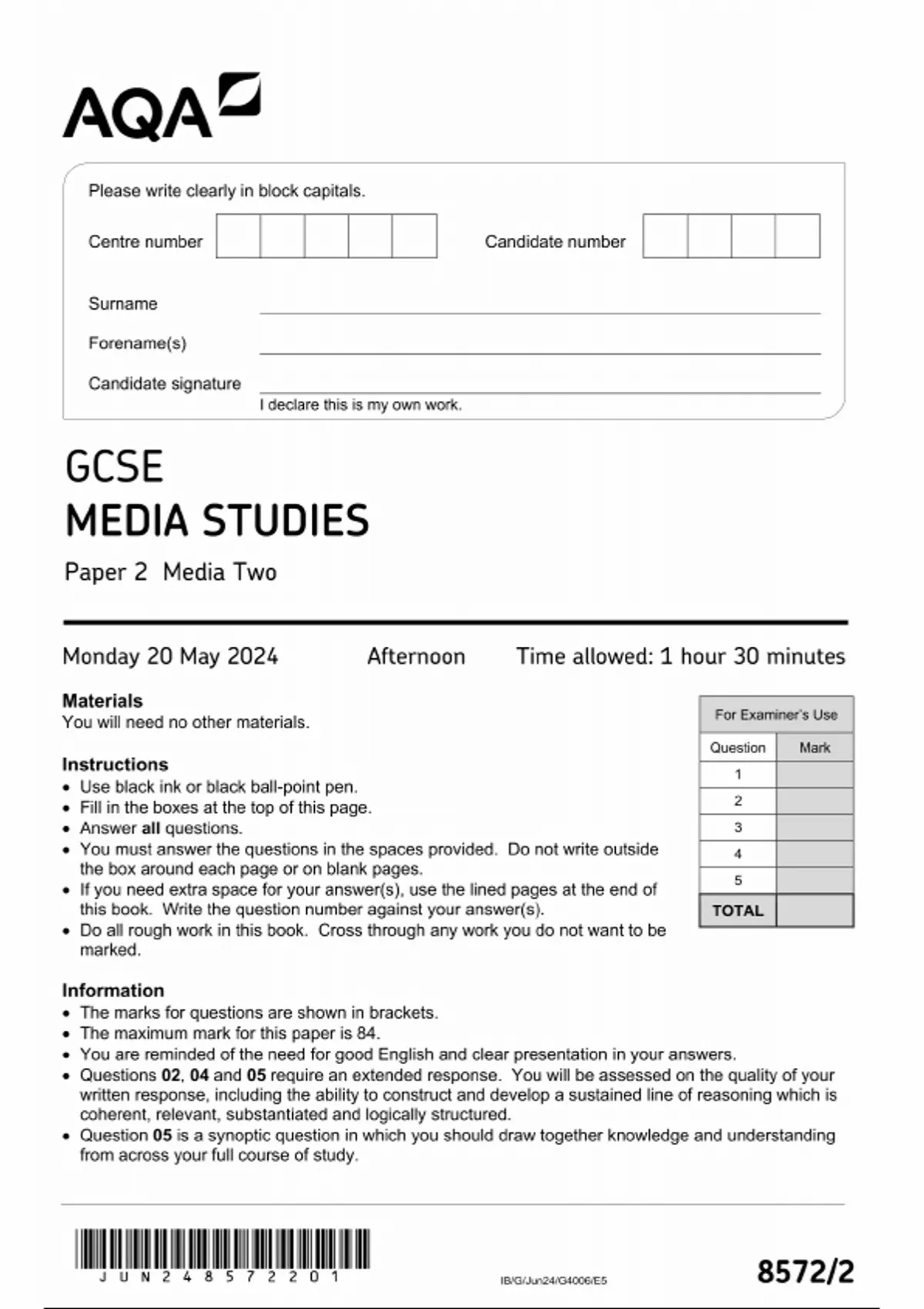 AQA GCSE MEDIA STUDIES PAPER 2 QUESTION PAPER 2024 (8572/2 :Media Two ...