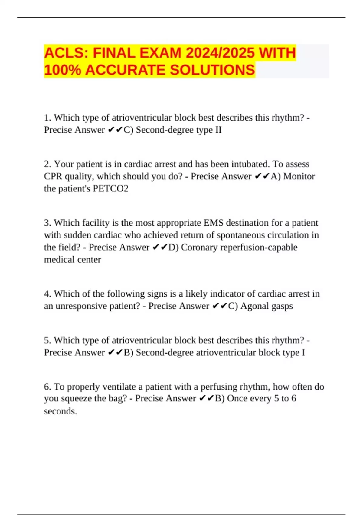 ACLS: FINAL EXAM 2024/2025 WITH 100% ACCURATE SOLUTIONS - ACLS - Stuvia US