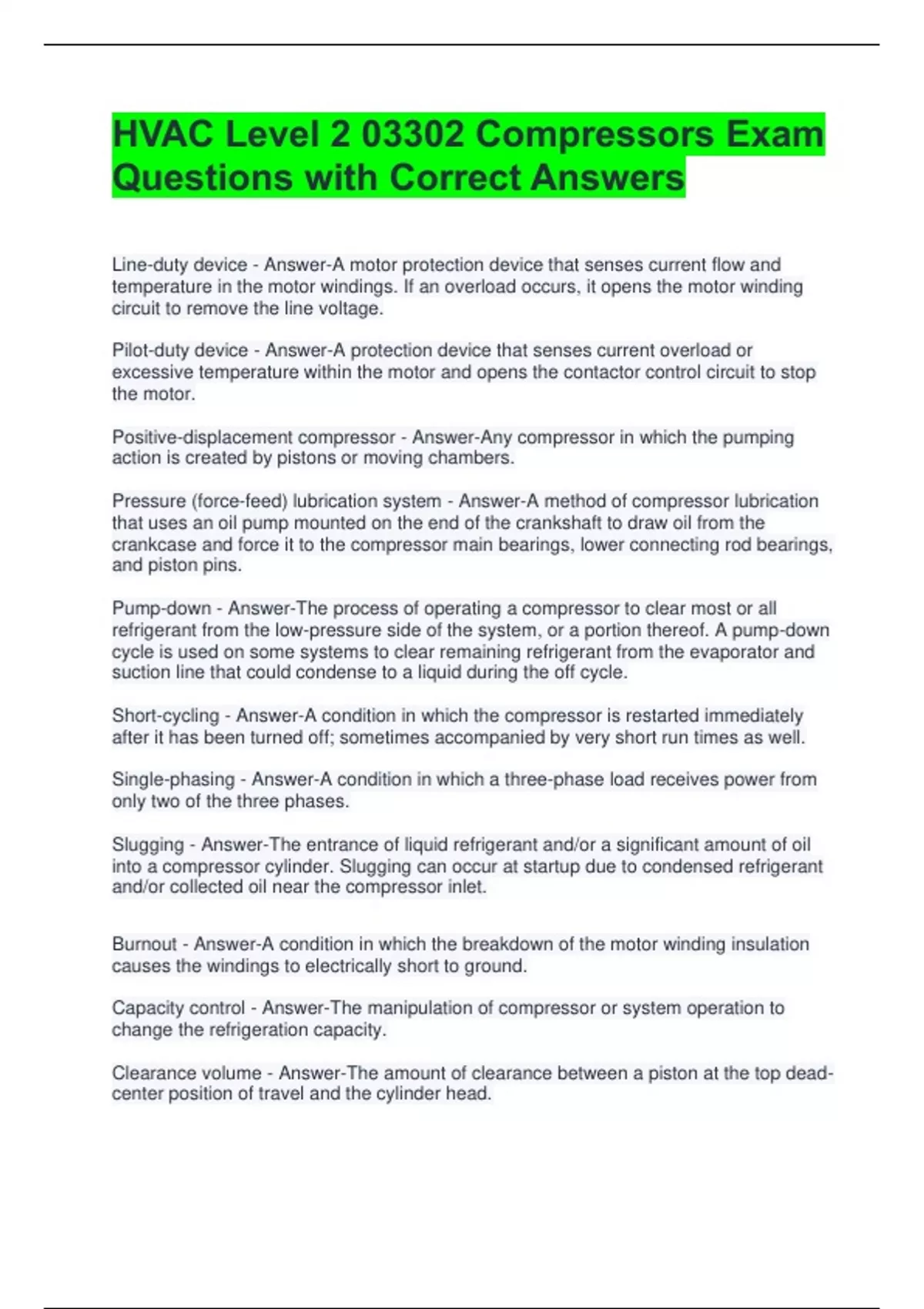 HVAC Level 2 03302 Compressors Exam Questions with Correct Answers ...