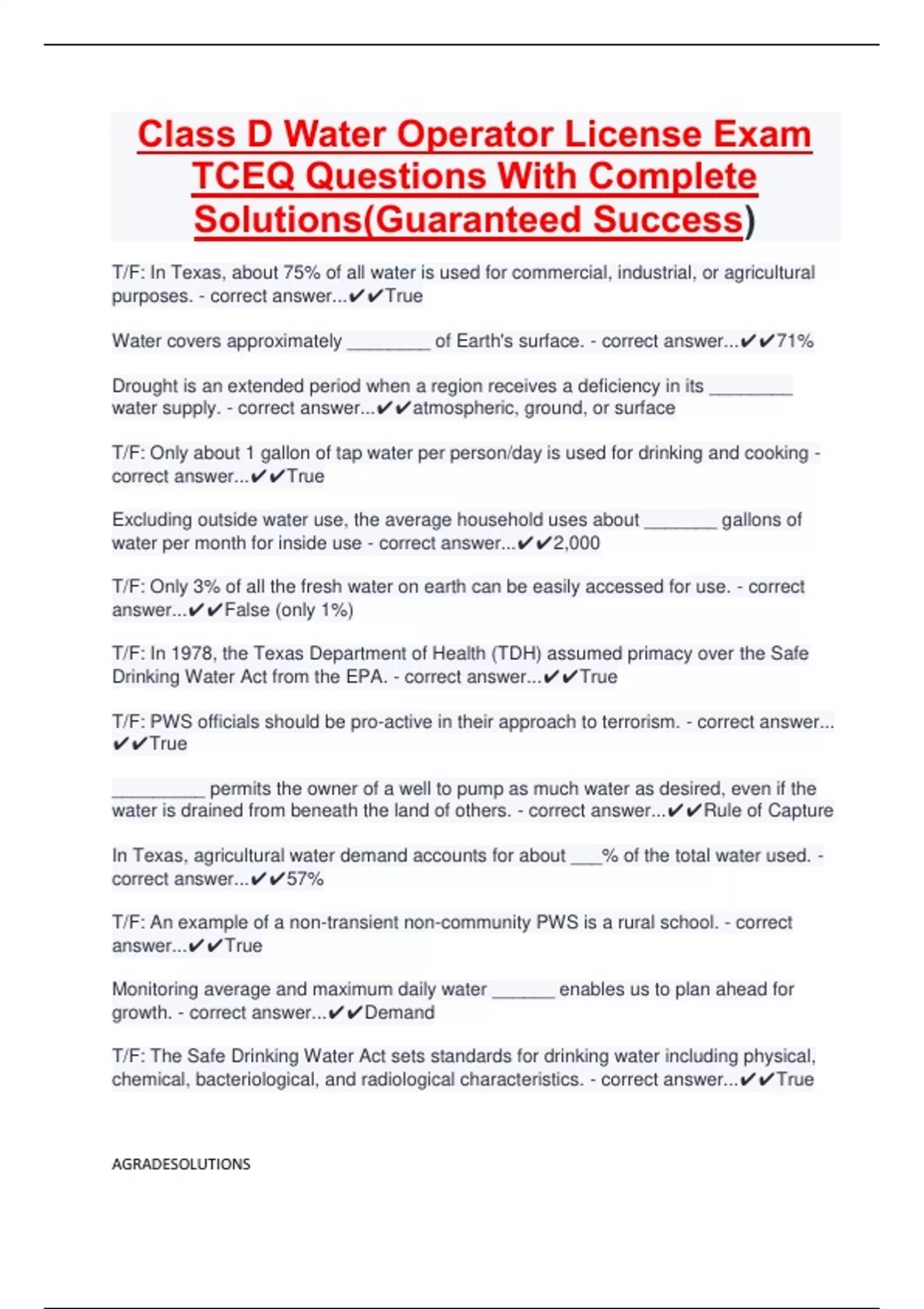 Class D Water Operator License Exam TCEQ Questions With Complete ...