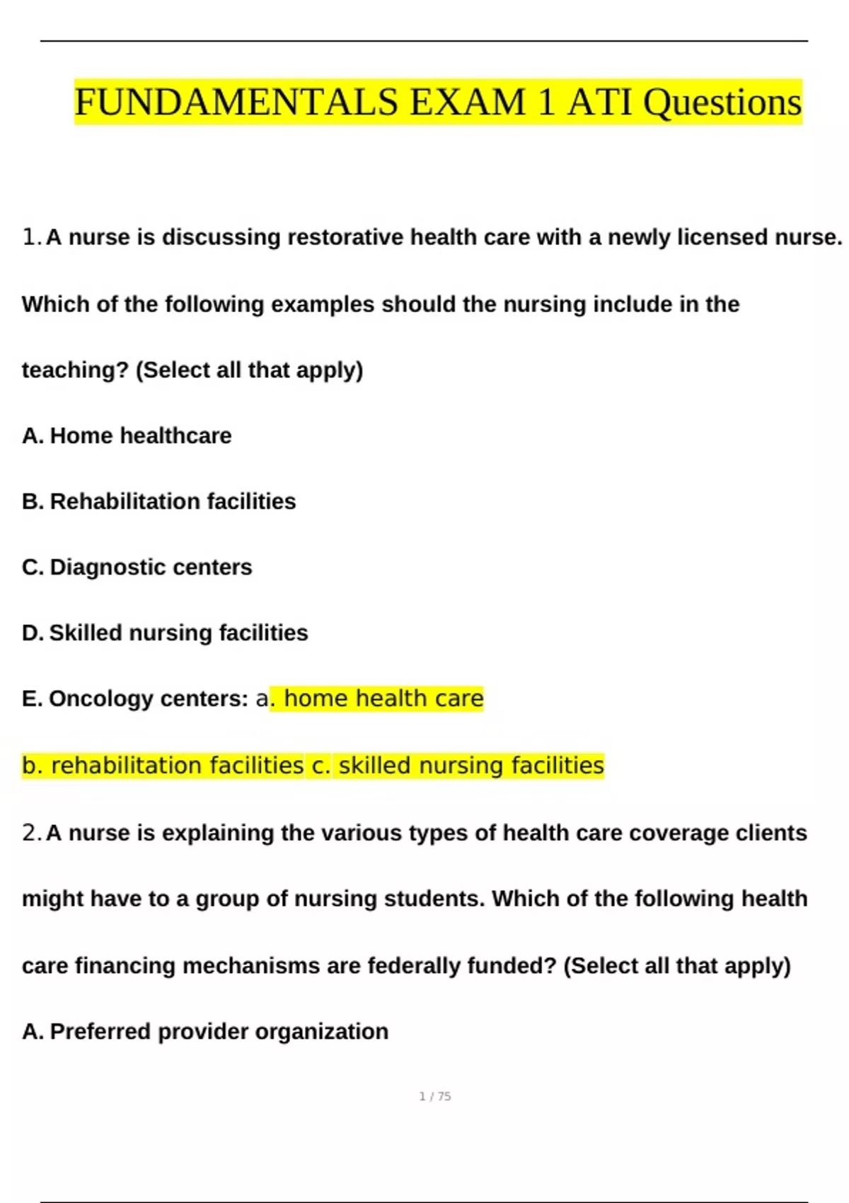FUNDAMENTALS EXAM 1 ATI Questions And Answers Latest 2024/ 2025 Graded ...
