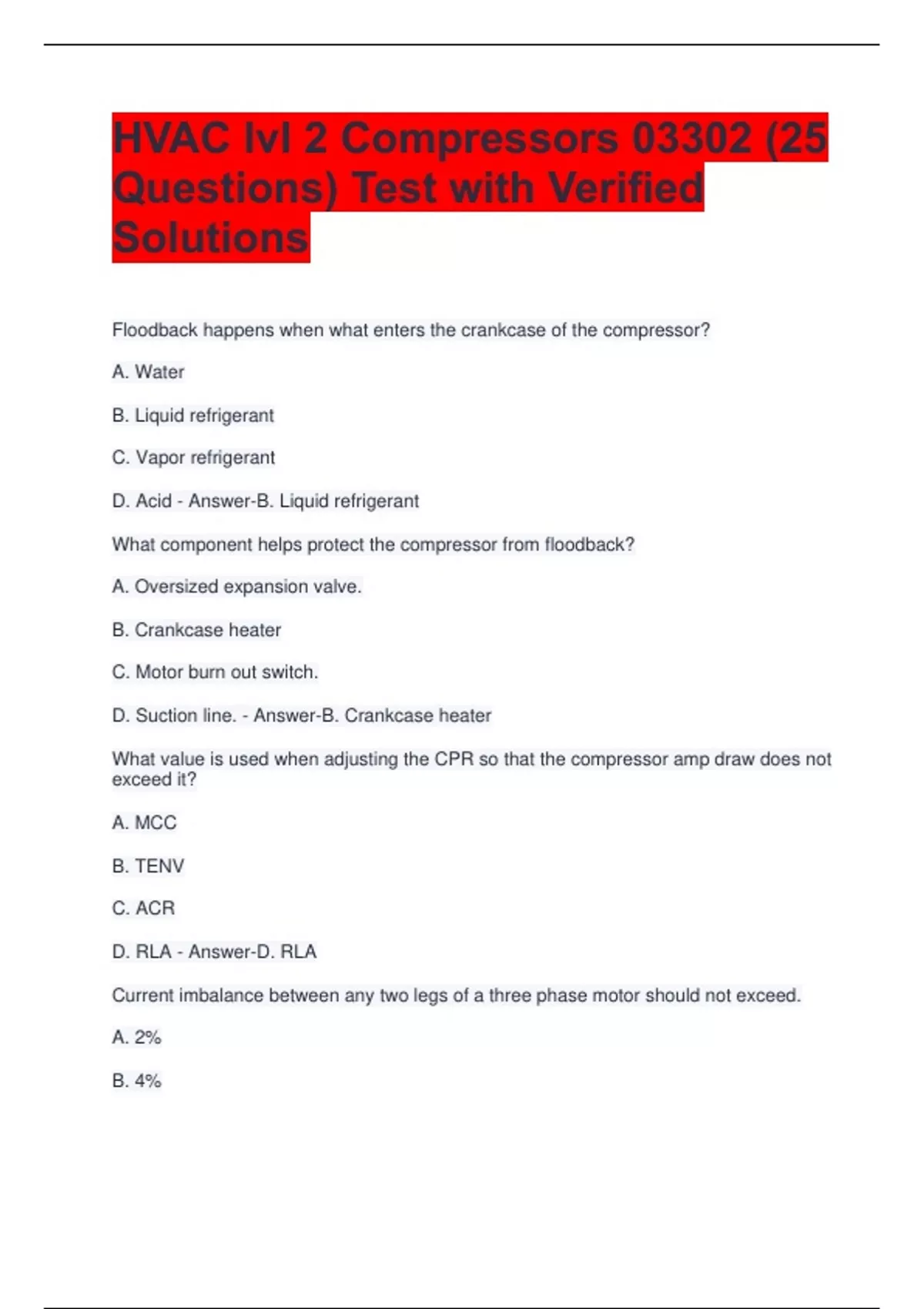 HVAC lvl 2 Compressors 03302 (25 Questions) Test with Verified ...