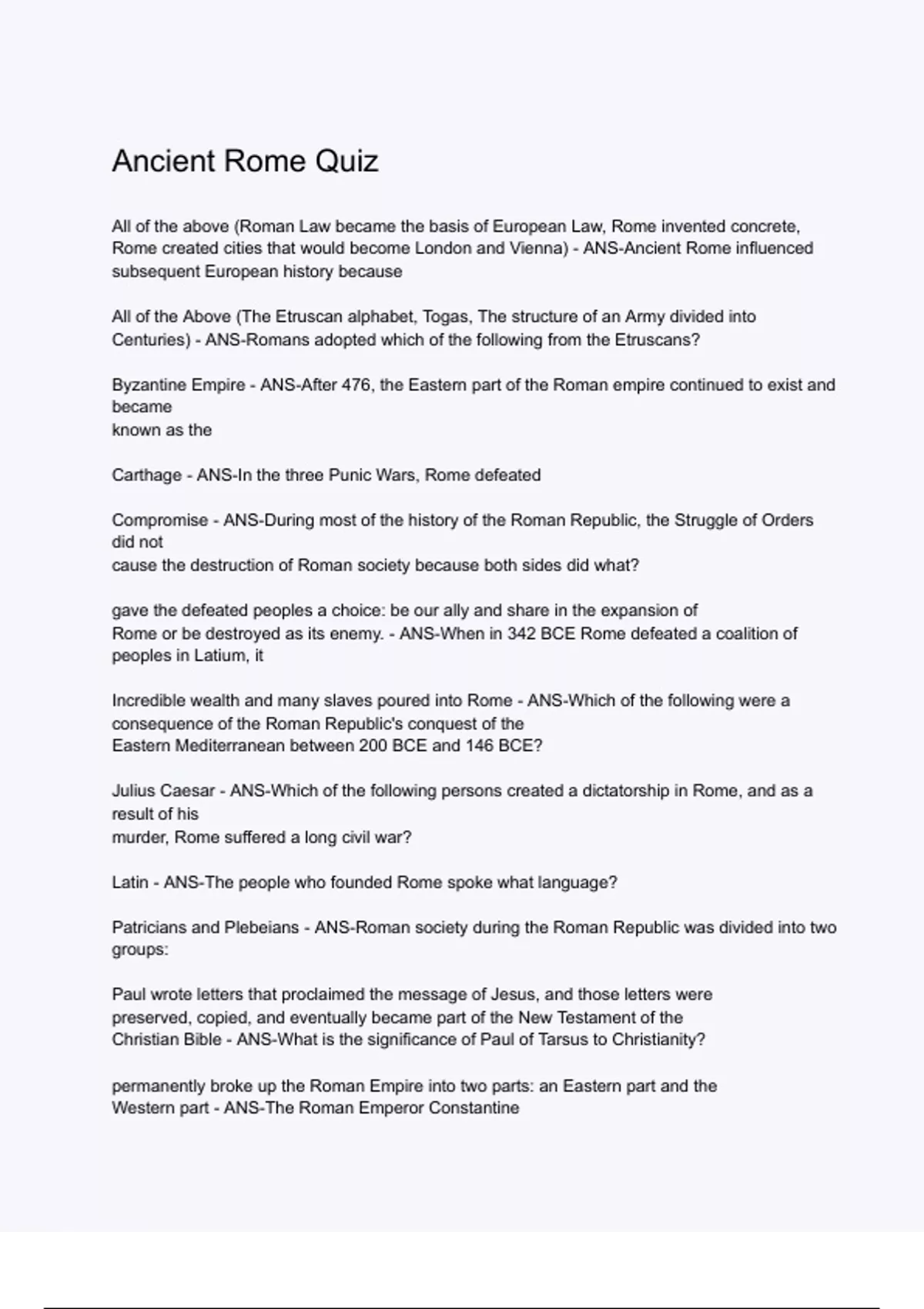 Ancient Rome Quiz 2024/2025 ;100% complete newest version guide ...