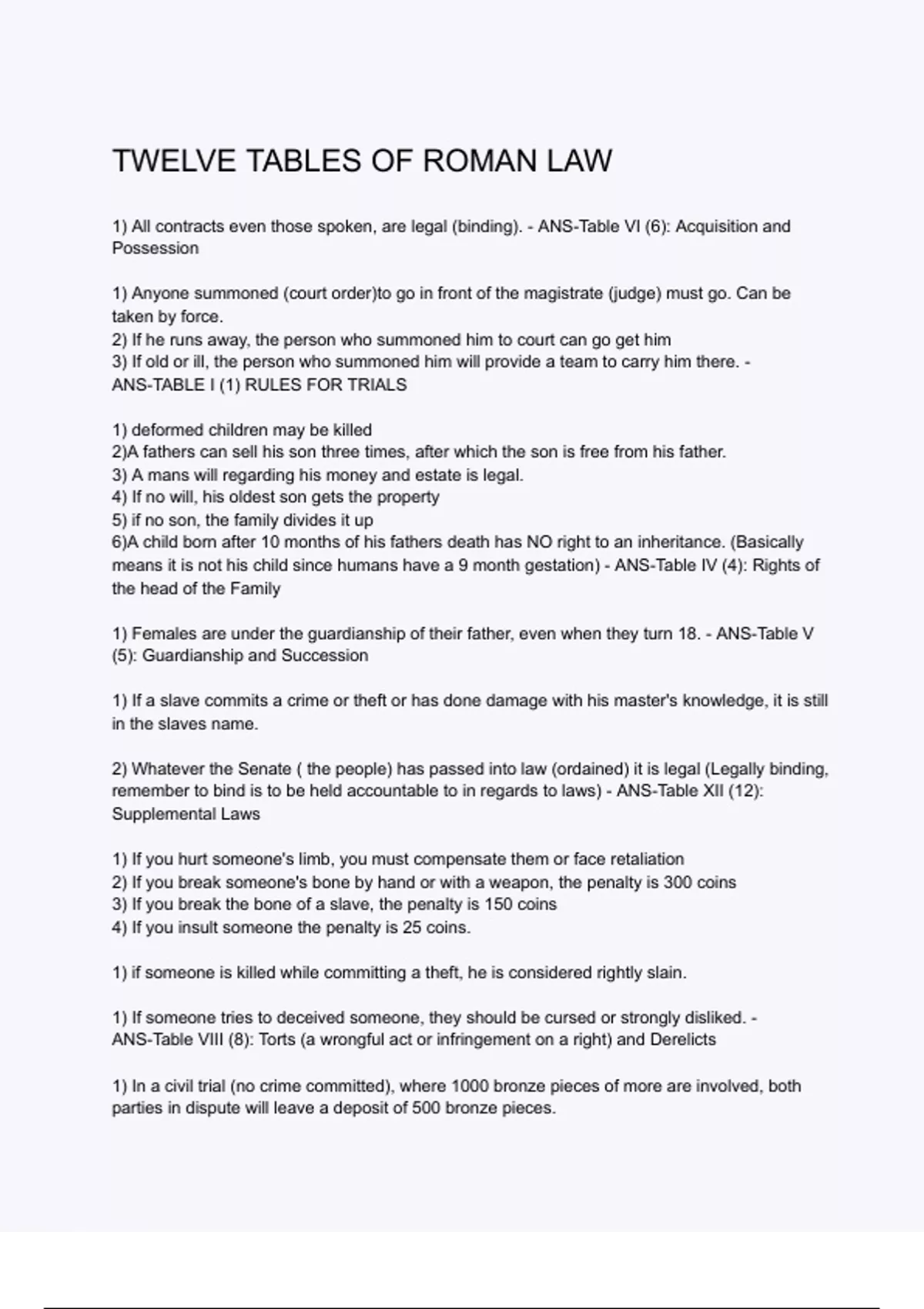 TWELVE TABLES OF ROMAN LAW (Latest 2025/ 2026 Update) Questions and ...