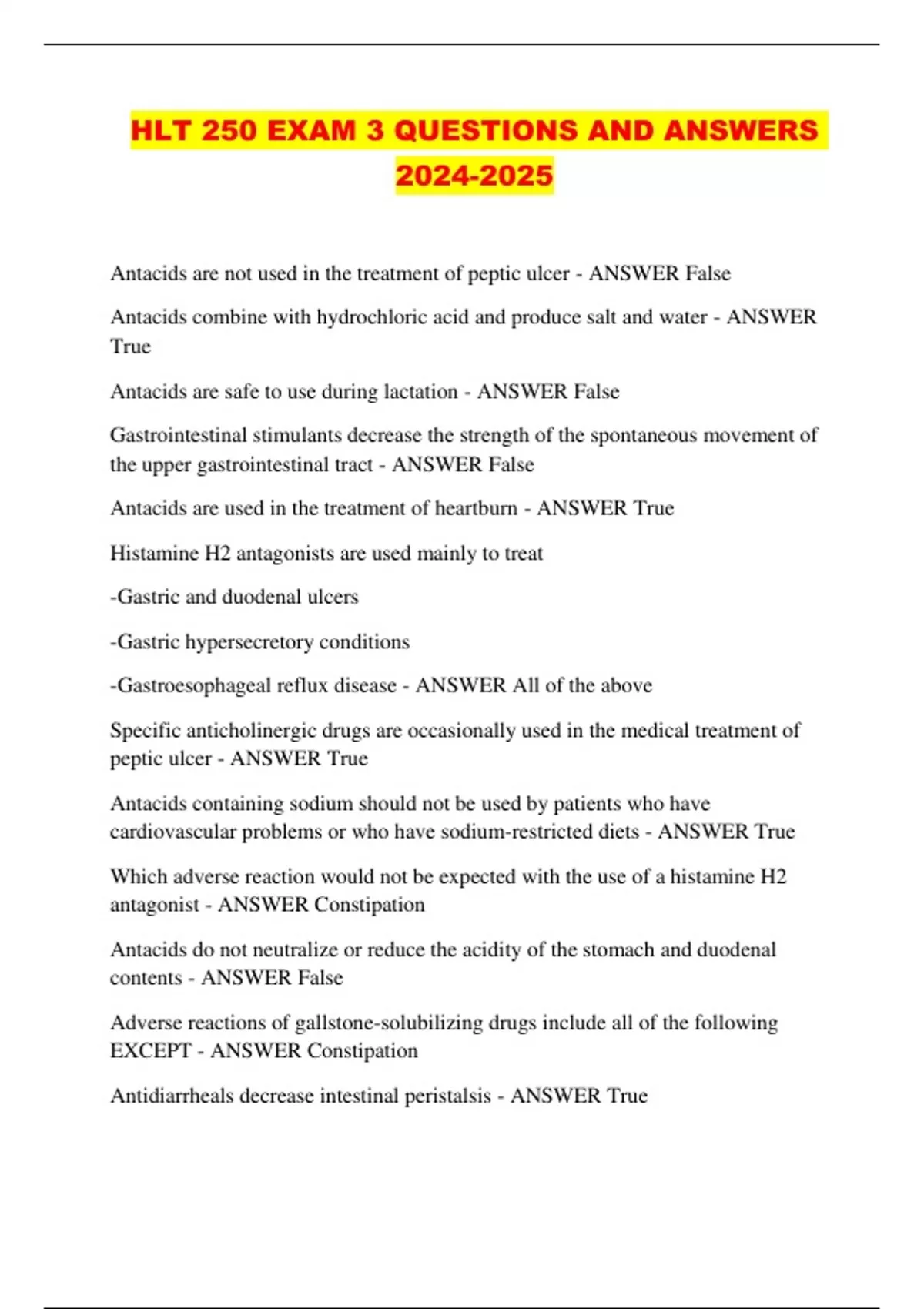 HLT 250 EXAM 3 QUESTIONS AND ANSWERS - HLT 250 - Stuvia US