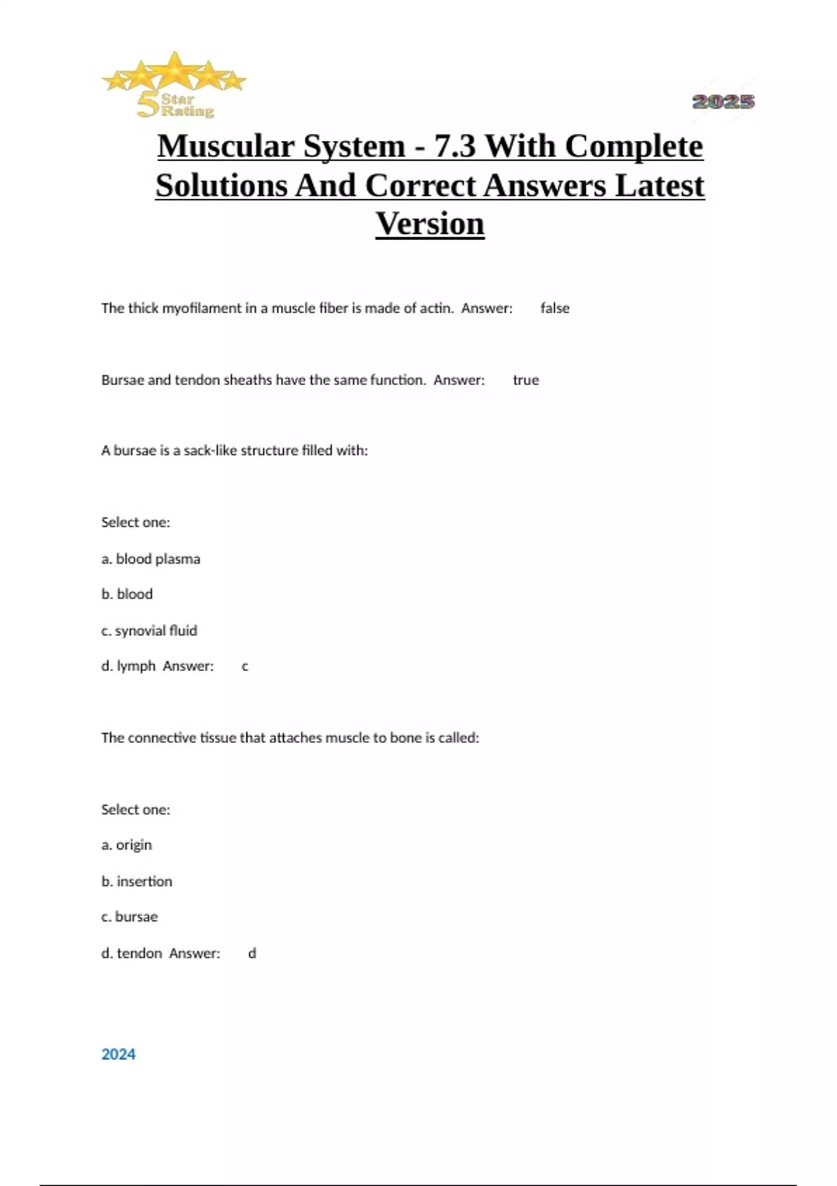 Muscular System - 7.3 With Complete Solutions And Correct Answers ...