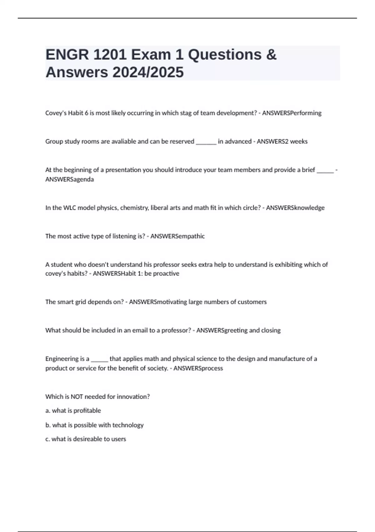 ENGR 1201 Exam 1 Questions & Answers 2024/2025 - ENGR 1201 - Stuvia US