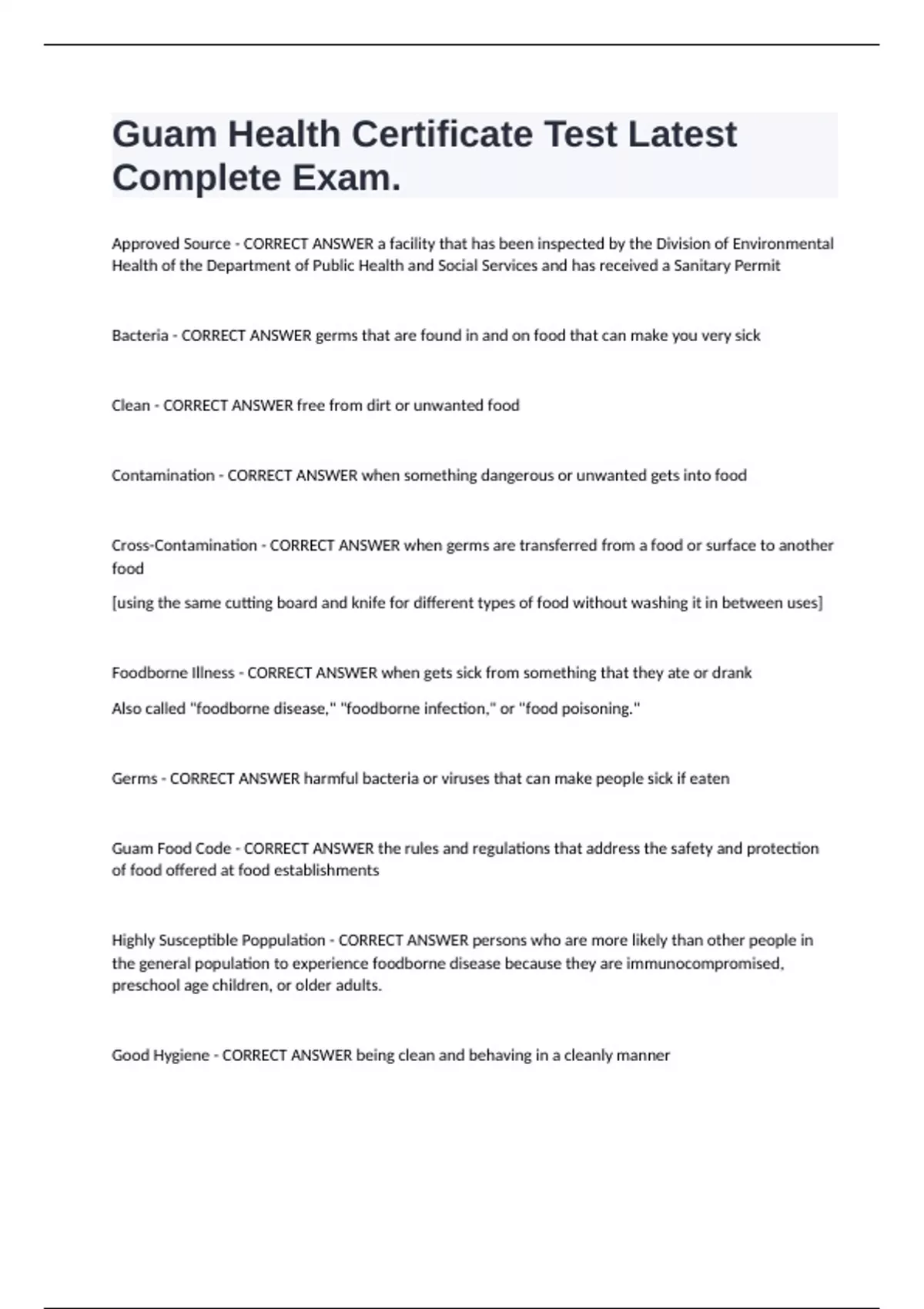 Guam Health Certificate Test Latest Complete Exam. - GUAM - Stuvia US