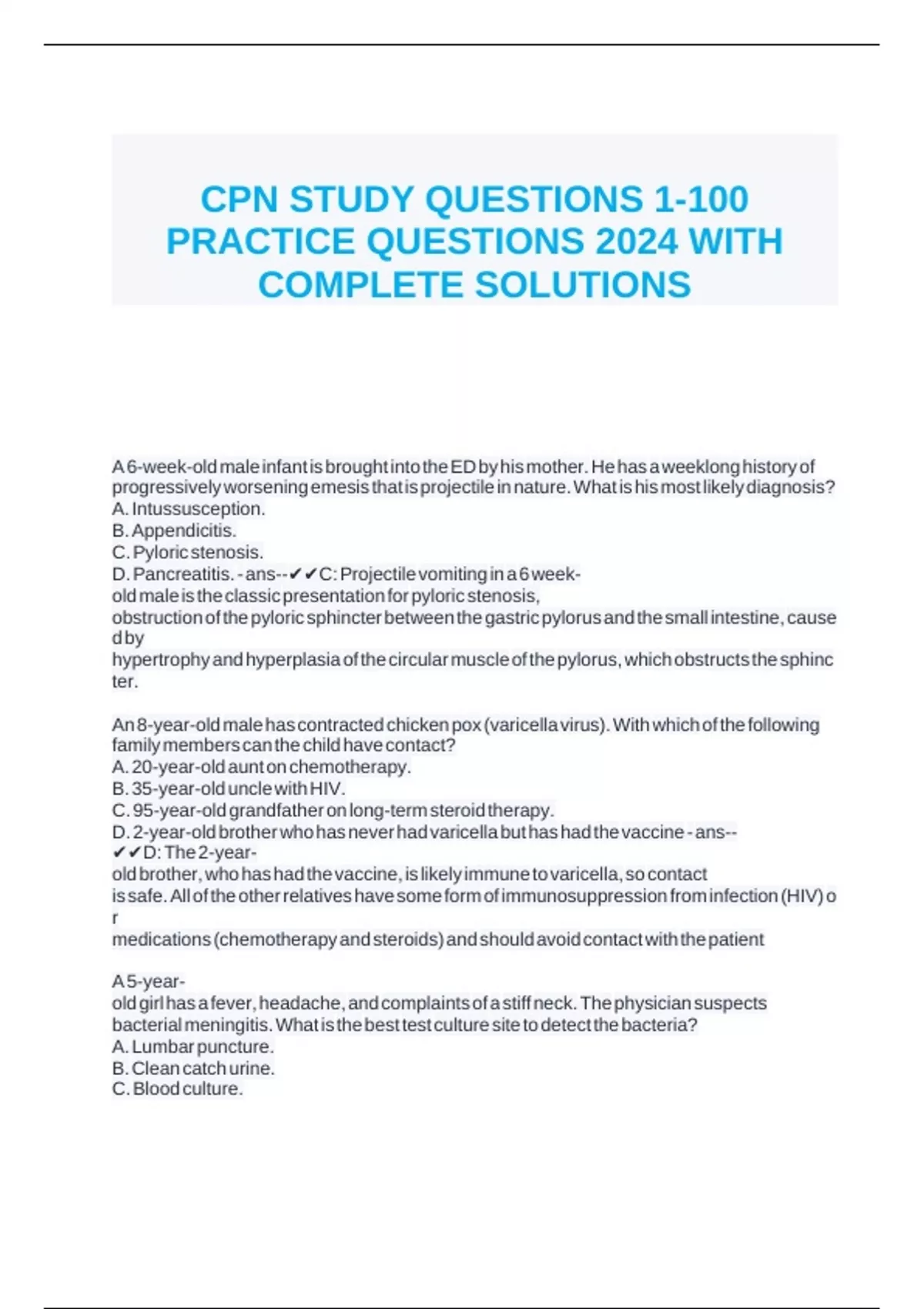 CPN STUDY QUESTIONS 1-100 PRACTICE QUESTIONS 2024 WITH COMPLETE ...