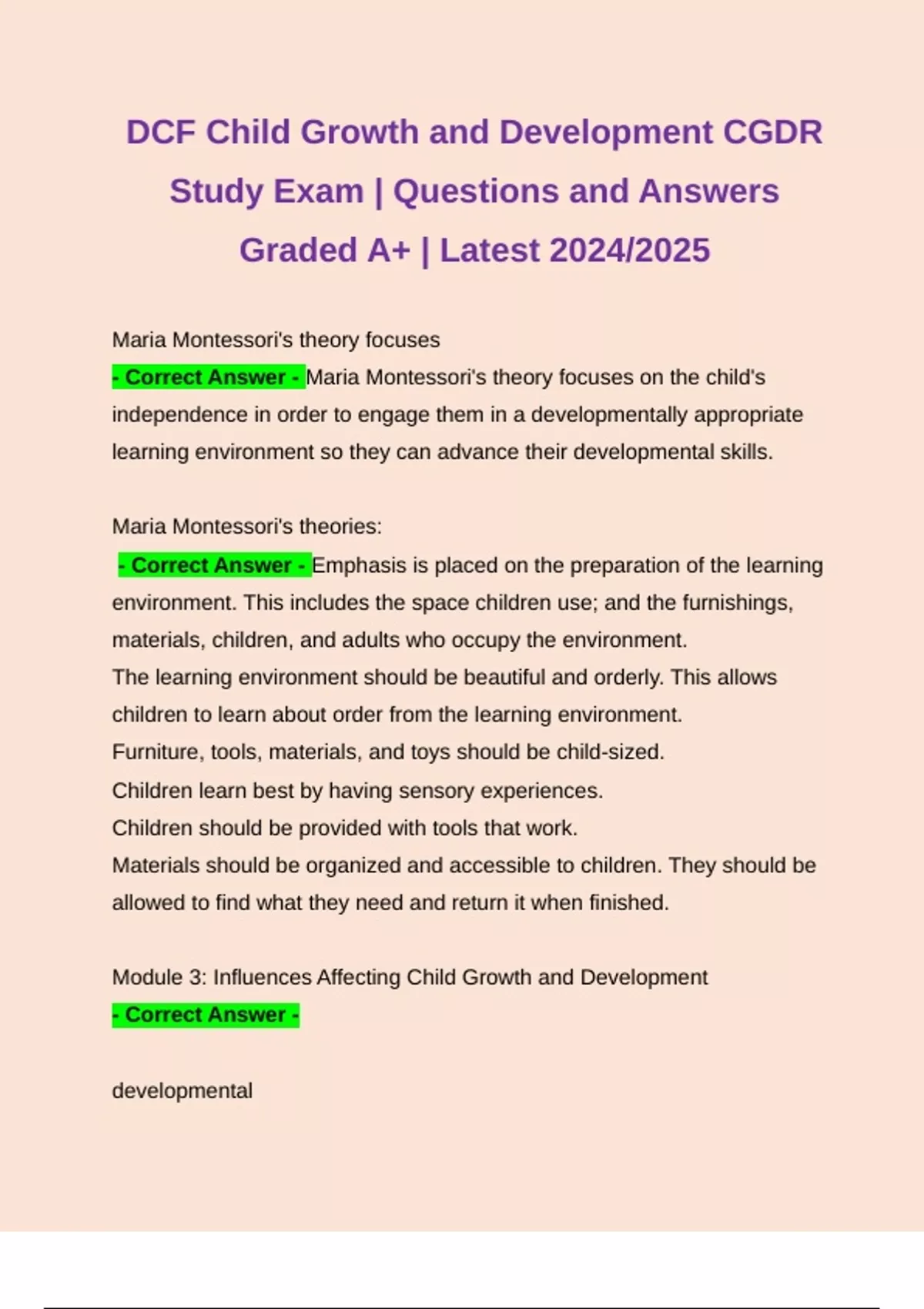 DCF Child Growth and Development CGDR Study Exam | Questions and ...
