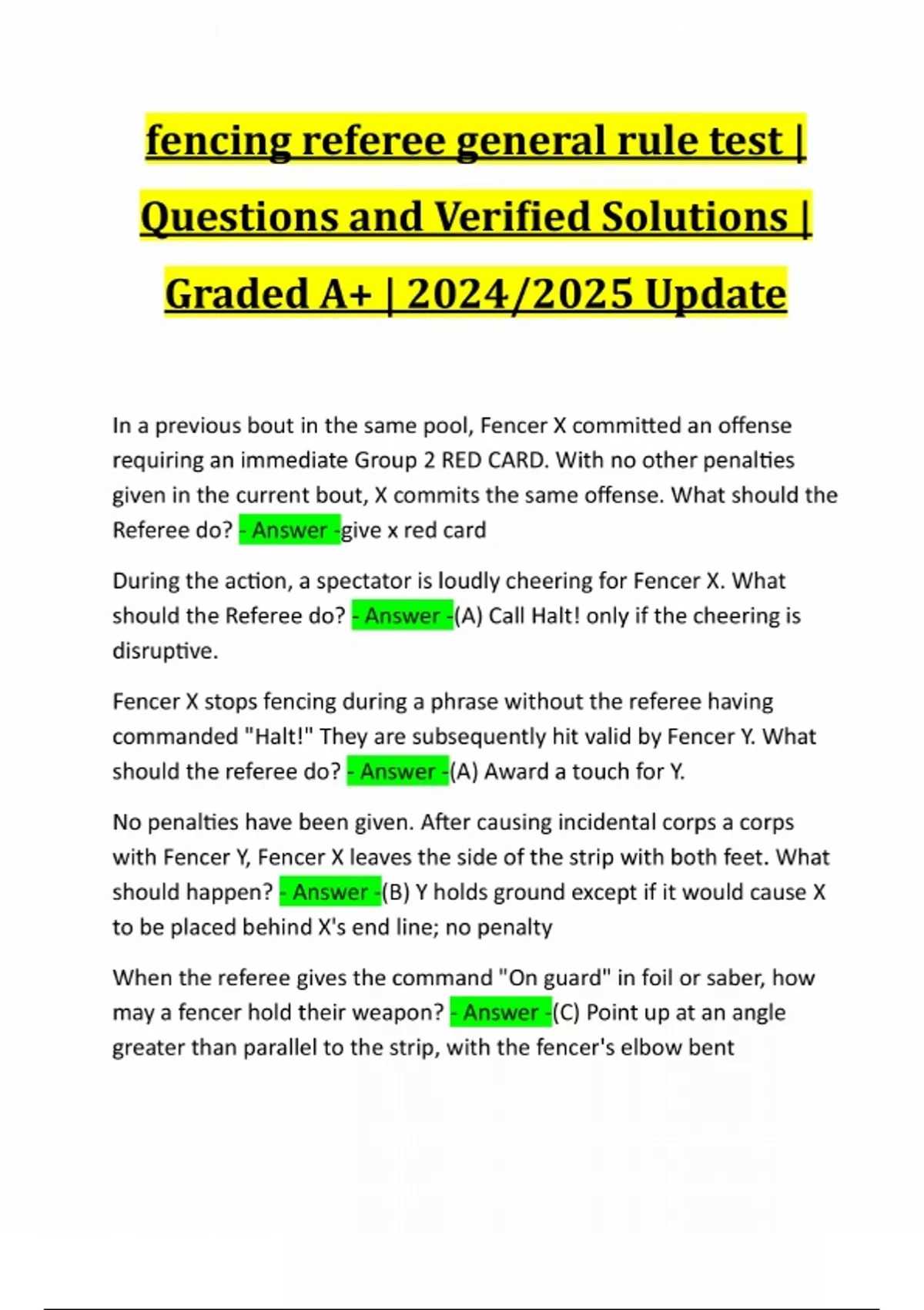 FENCING REFEREE GENERAL RULE TEST ACTUAL 2025/2026 QUESTIONS AND 100% ...