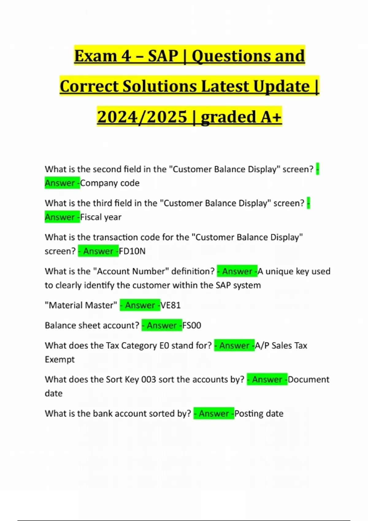 Exam 4 – SAP | Questions and Correct Solutions Latest Update | 2024/ ...