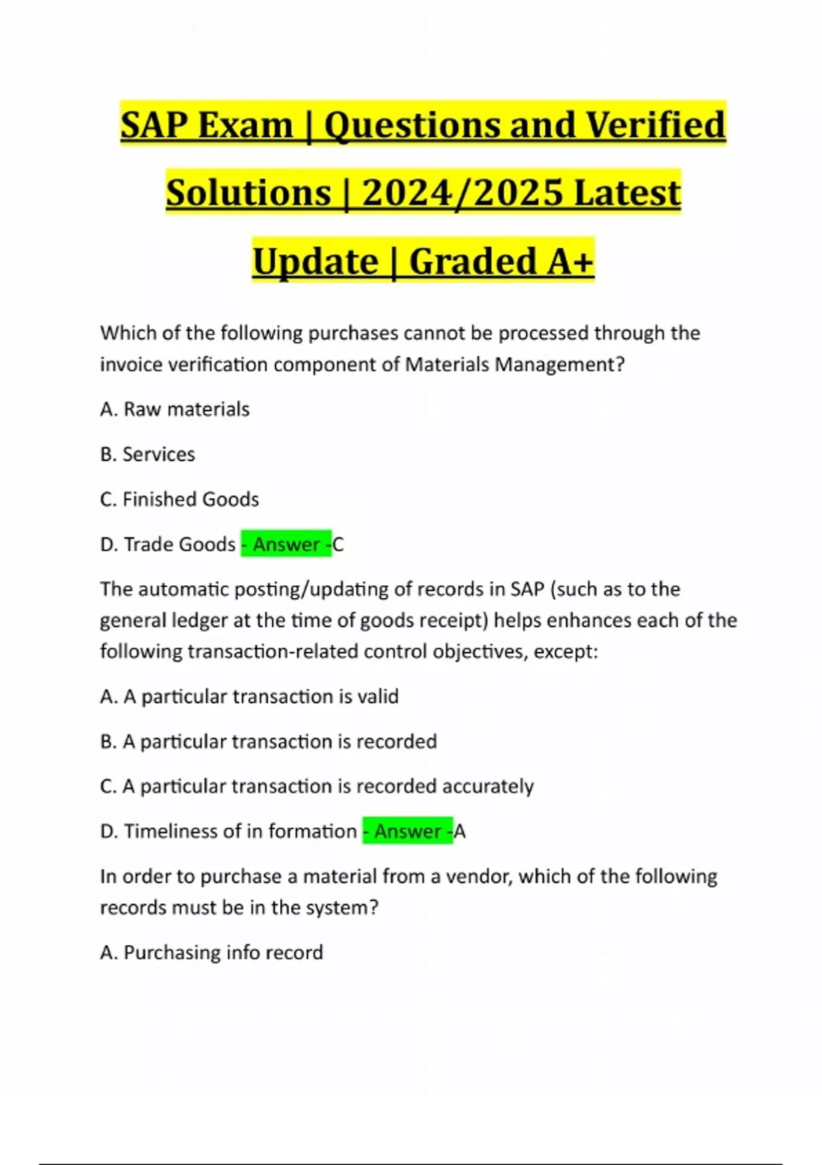 SAP Exam | Questions and Verified Solutions | 2024/2025 Latest Update ...