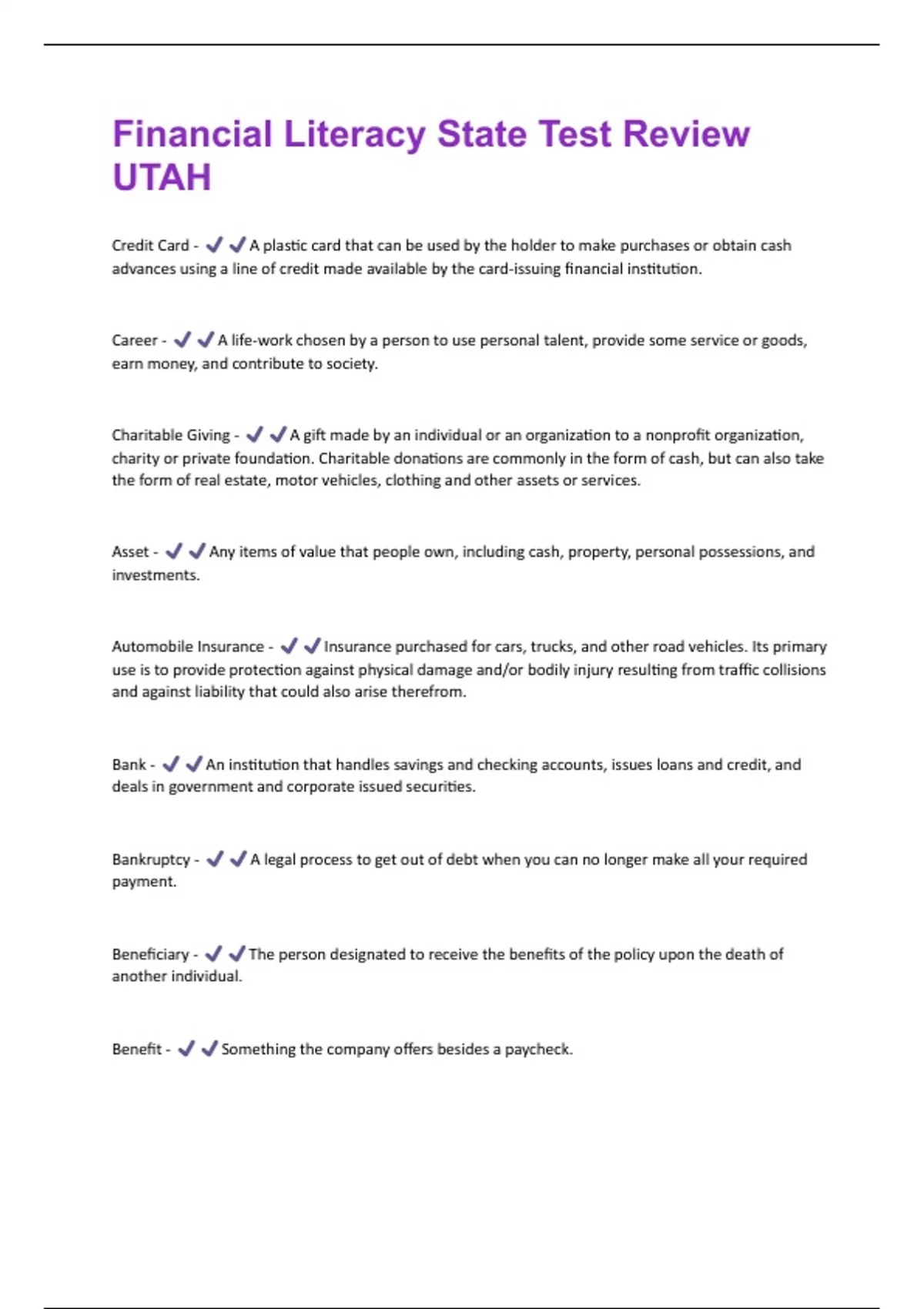 Financial Literacy State Test Review UTAH Latest 2024/2025 Updated ...