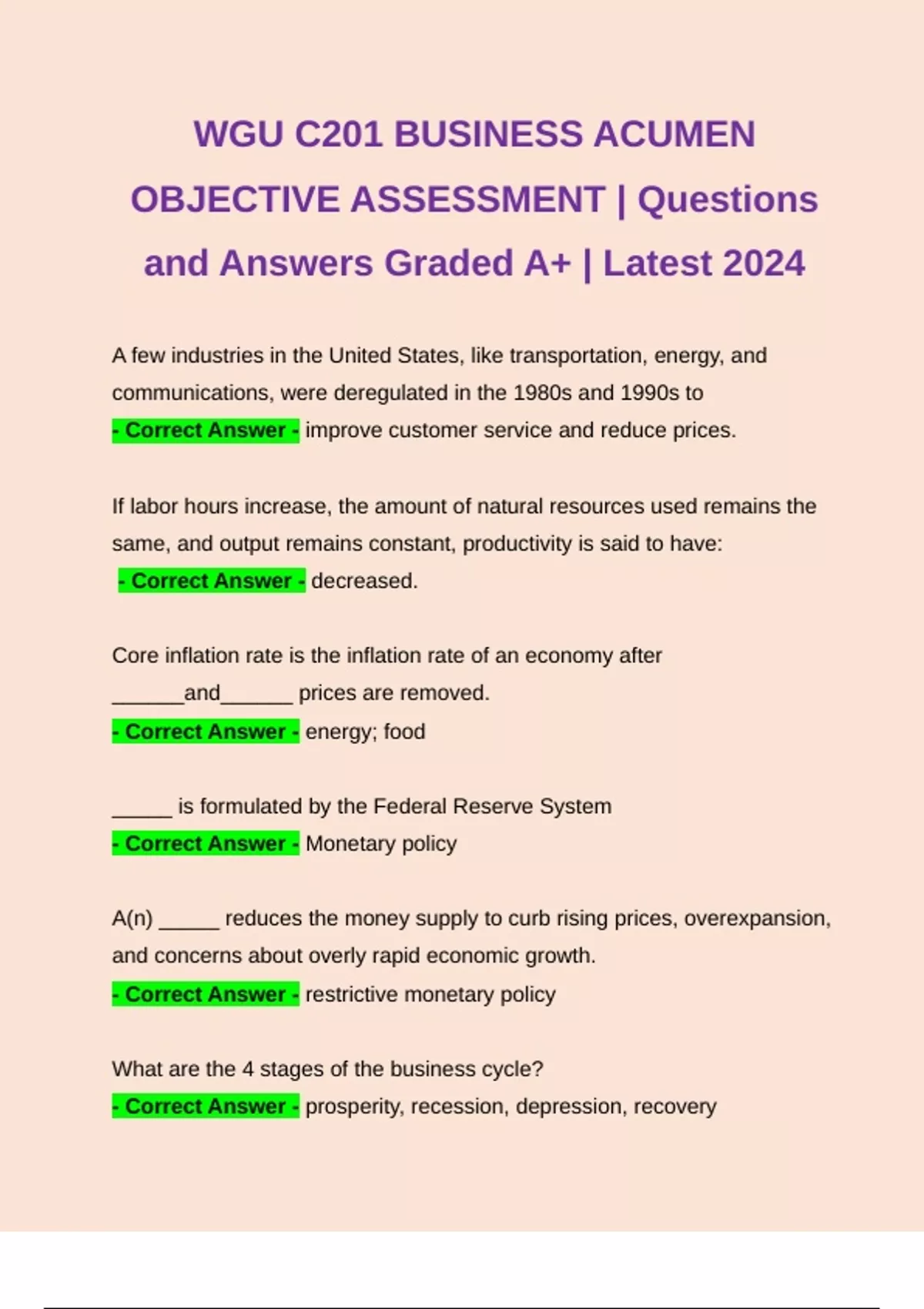 WGU C201 BUSINESS ACUMEN OBJECTIVE ASSESSMENT | Questions and Answers ...