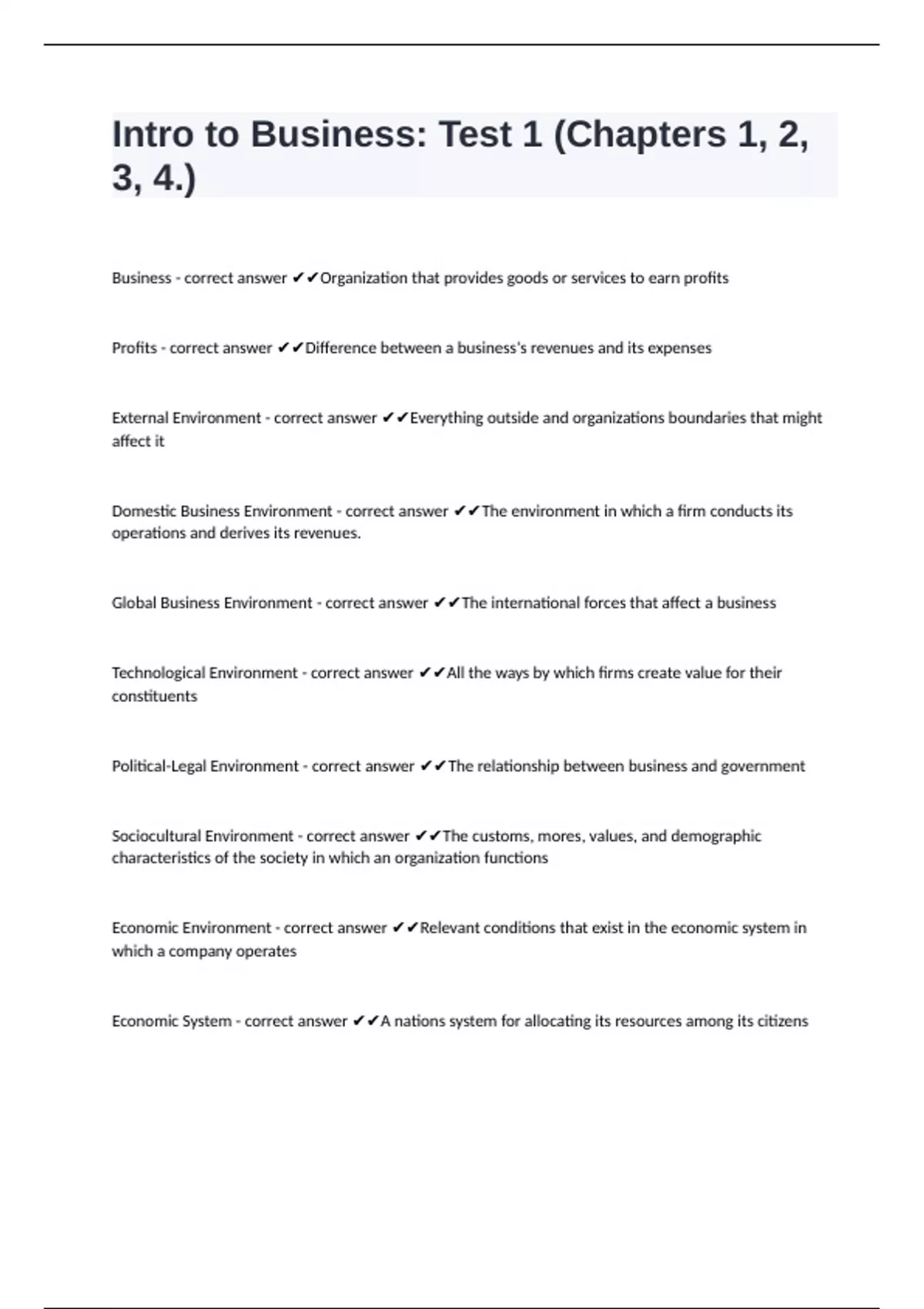 Intro to Business: Test 1 (Chapters 1, 2, 3, 4.) FULLY SOLVED - Busi ...
