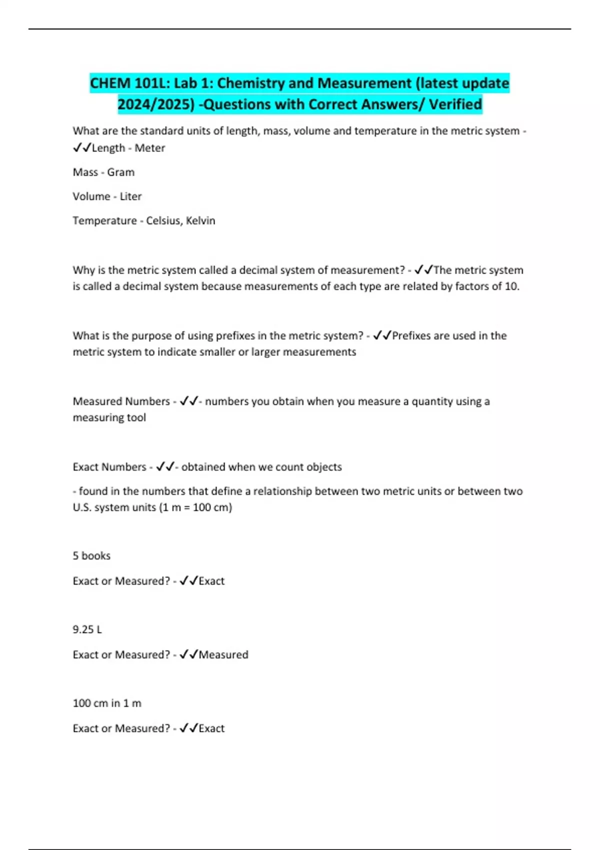 CHEM 101L: Lab 1: Chemistry and Measurement (latest update 2024/2025 ...