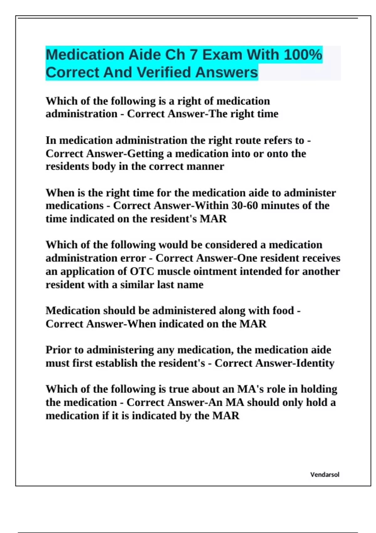 Medication Aide Ch 7 Exam With 100% Correct And Verified Answers ...