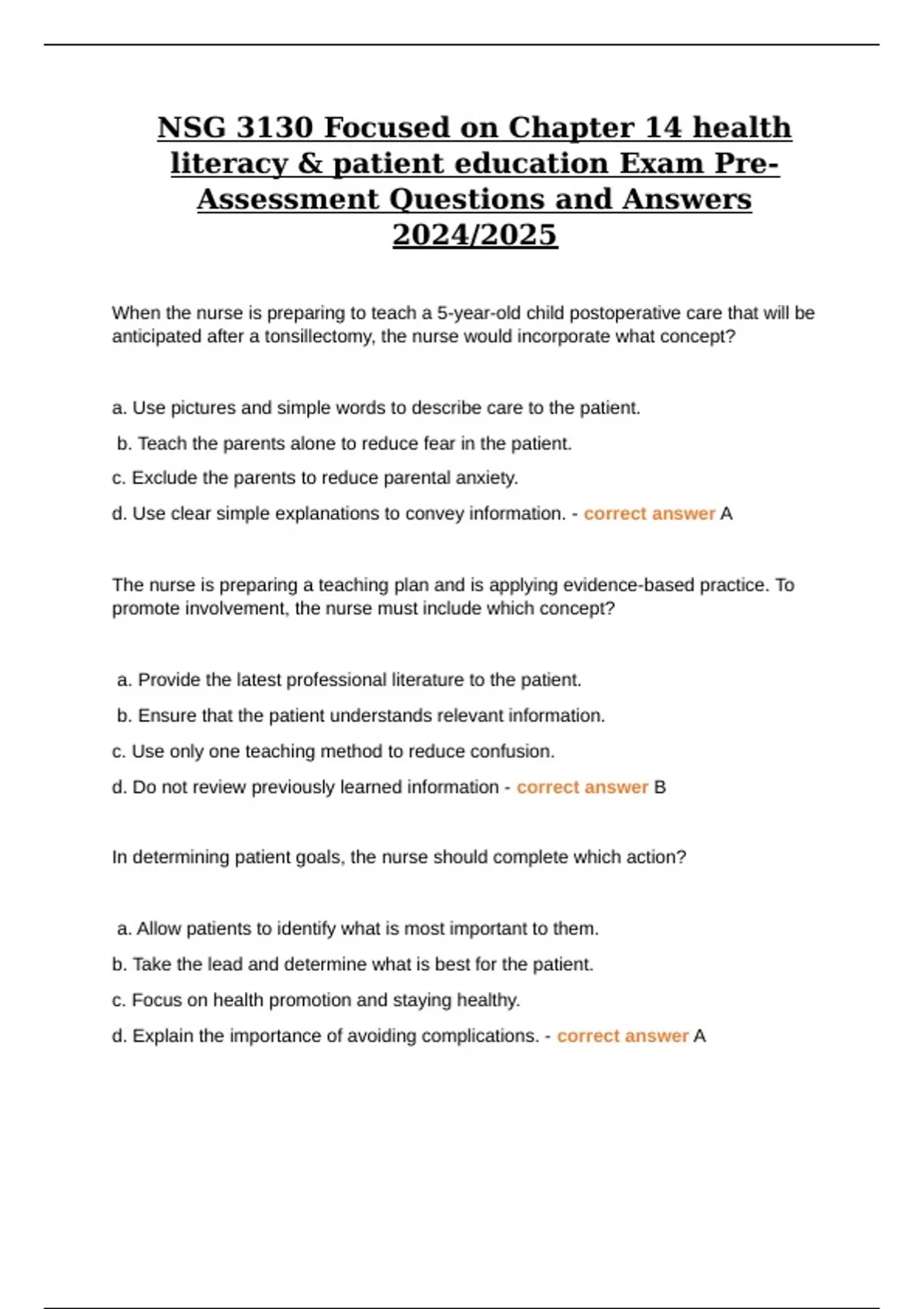 NSG 3130 Focused on Chapter 14 health literacy & patient education Exam ...