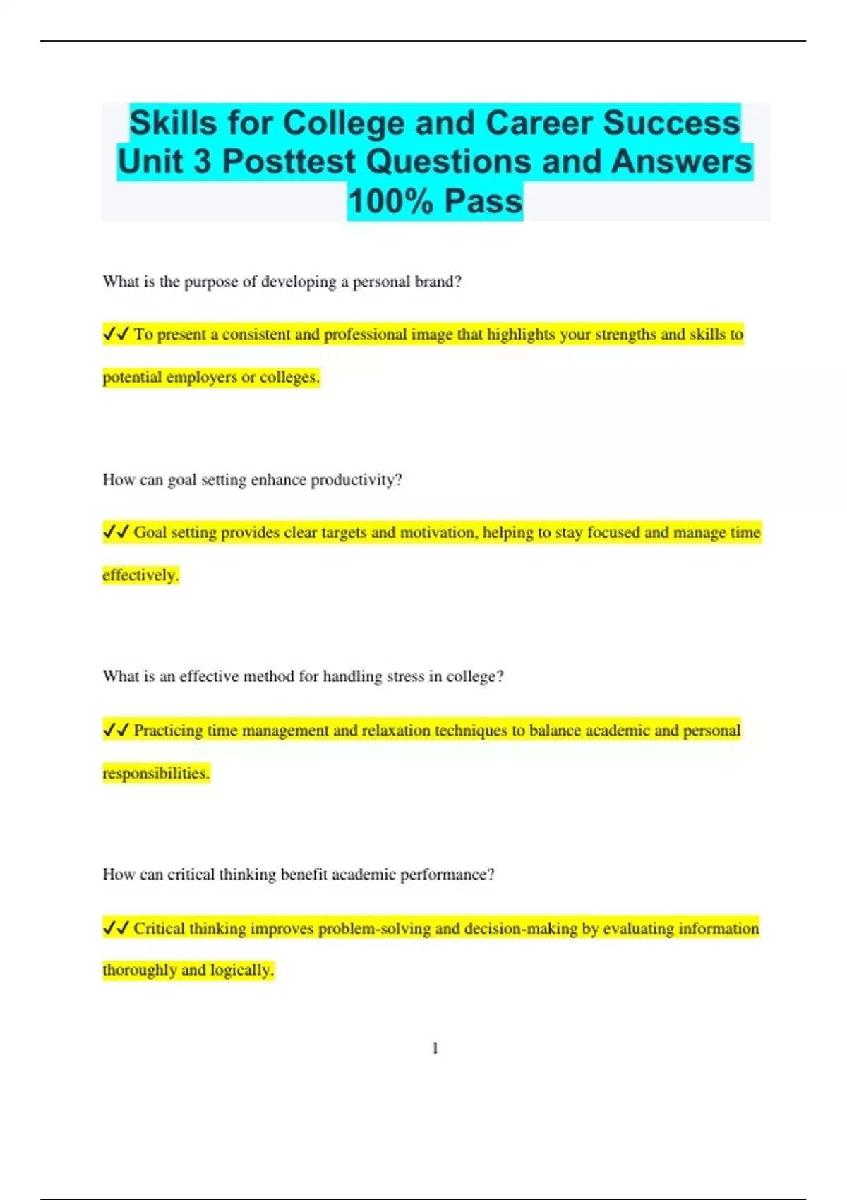 Skills for College and Career Success Unit 3 Posttest Questions and ...