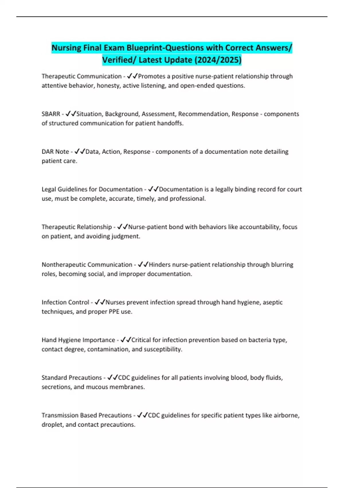 Nursing Final Exam Blueprint-Questions with Correct Answers/ Verified ...