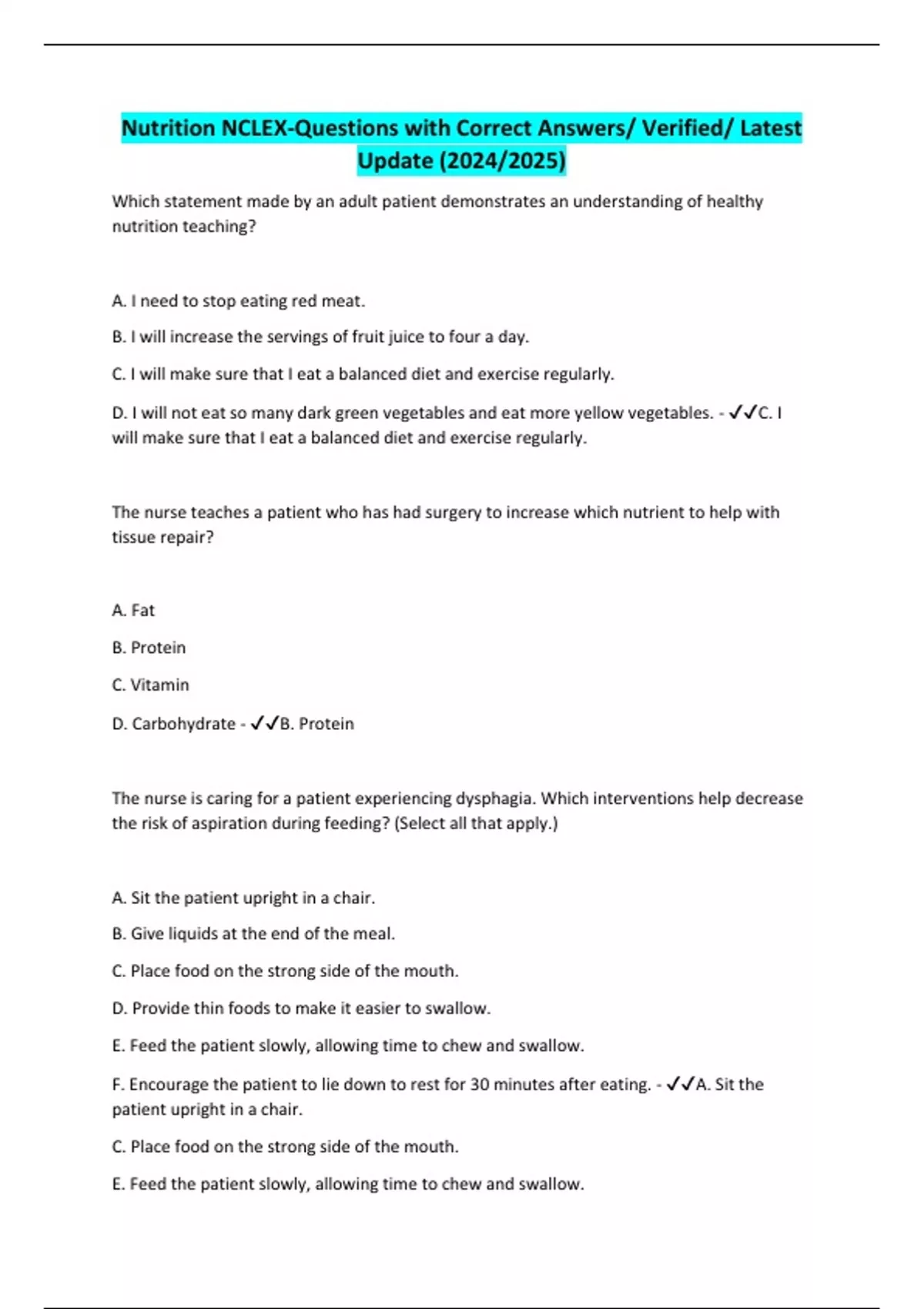 Nutrition NCLEX-Questions with Correct Answers/ Verified/ Latest Update ...