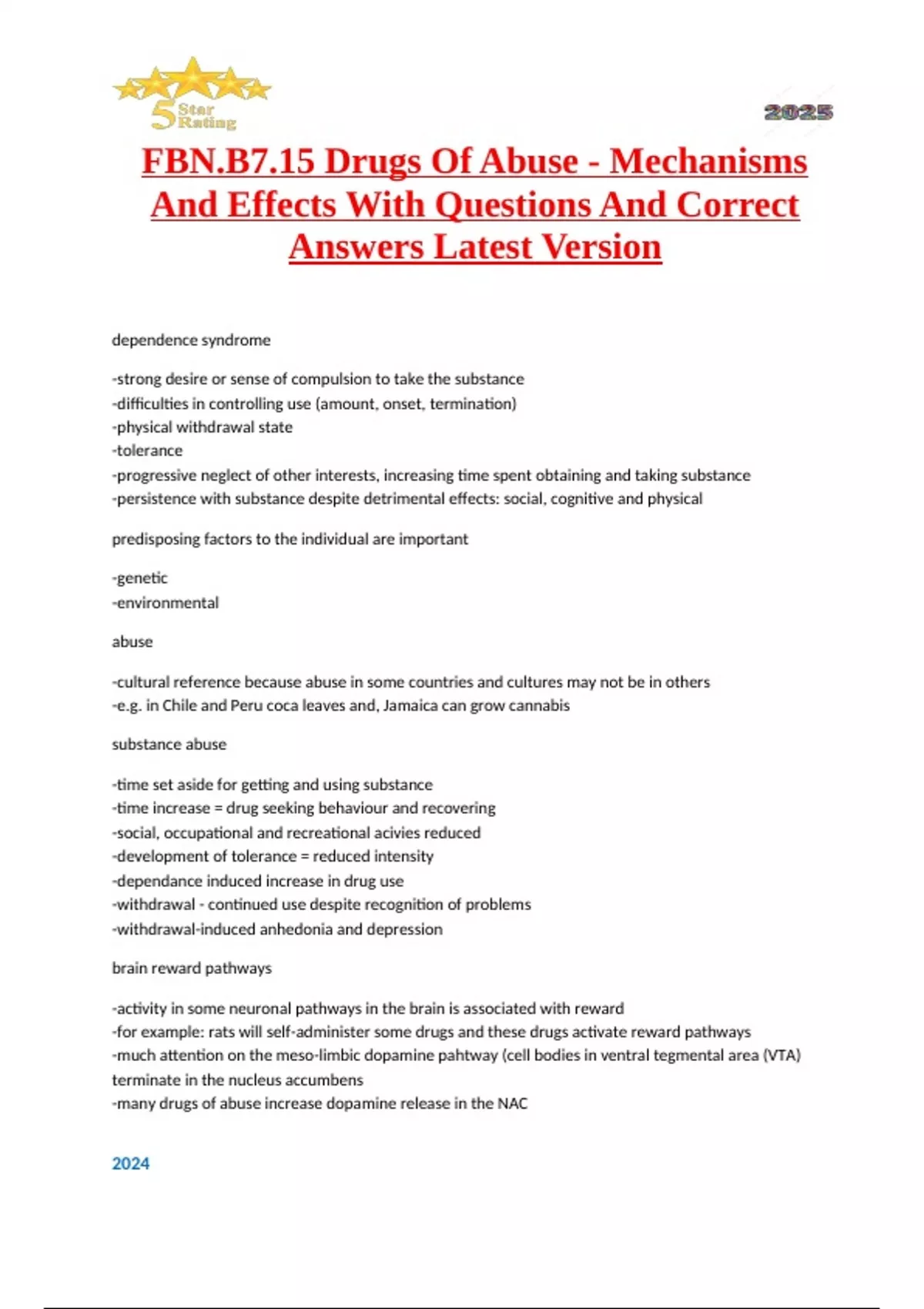 FBN.B7.15 Drugs Of Abuse - Mechanisms And Effects With Questions And ...