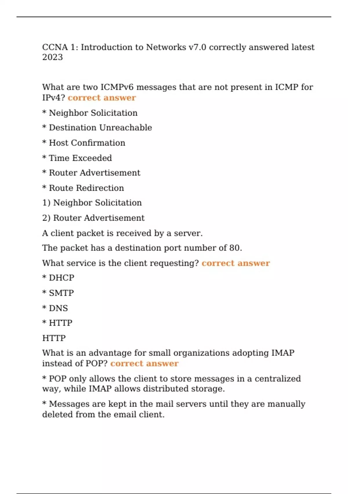 CCNA: Fundamentals of Networks v7.0 Problem set Exam Questions with all answers Correctly ...