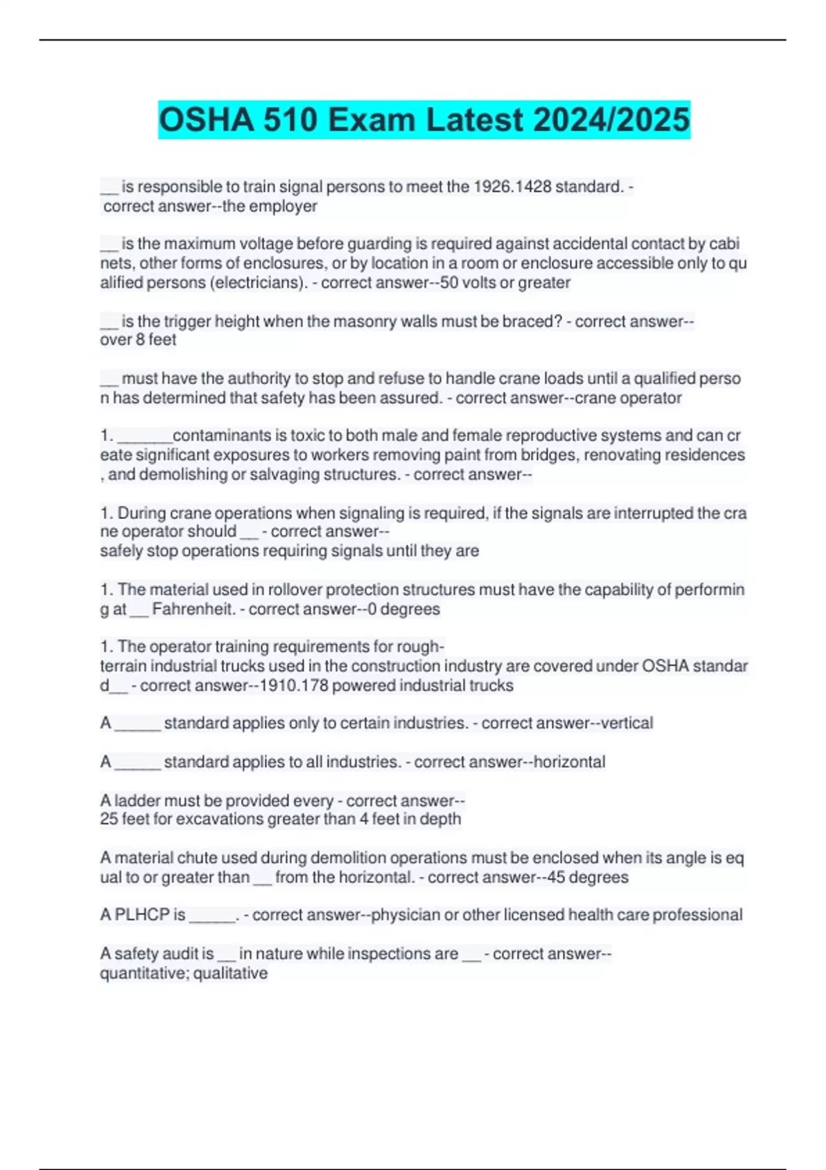 OSHA 510 Exam Latest 2024/2025 - OSHA 510 - Stuvia US