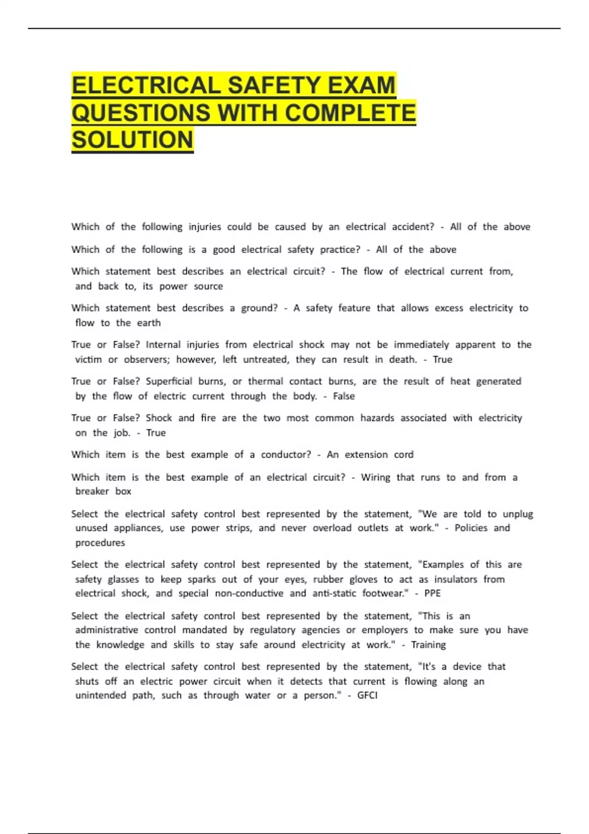 Electrical Safety Exam - Electrical Safety - Stuvia US