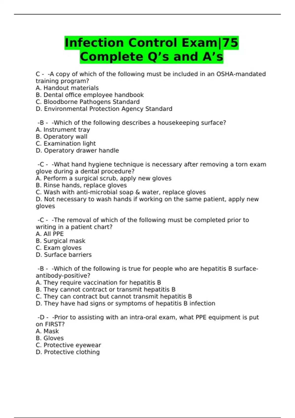 Infection Control Exam|75 Complete Q’s and A’s - Infection Control Exam ...