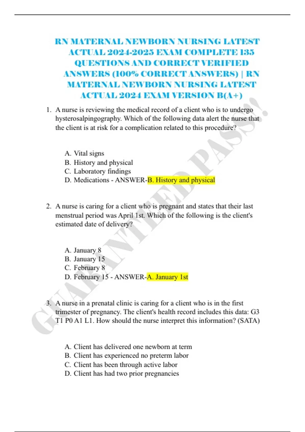RN MATERNAL NEWBORN NURSING LATEST ACTUAL EXAM COMPLETE 135 QUESTIONS ...