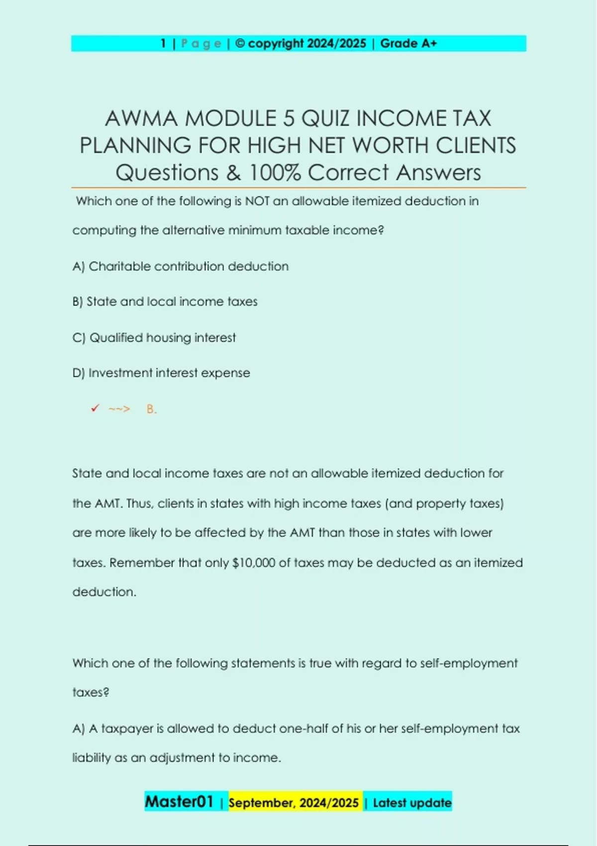 AWMA MODULE 5 QUIZ INCOME TAX PLANNING FOR HIGH NET WORTH CLIENTS Questions & 100% Correct ...
