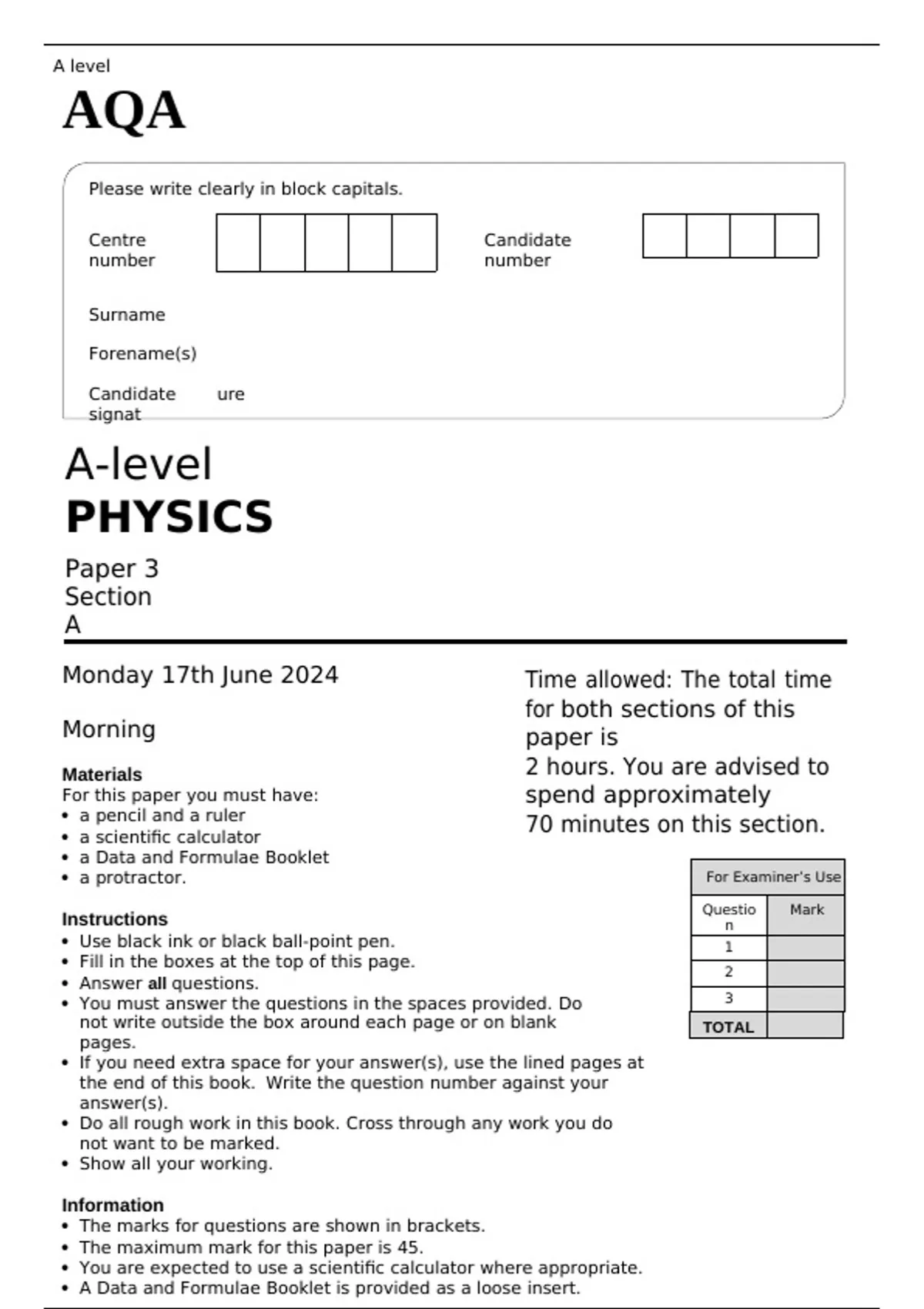 AQA A-level PHYSICS Paper 3 Section A JUNE 2024 QUESTION PAPER - A ...