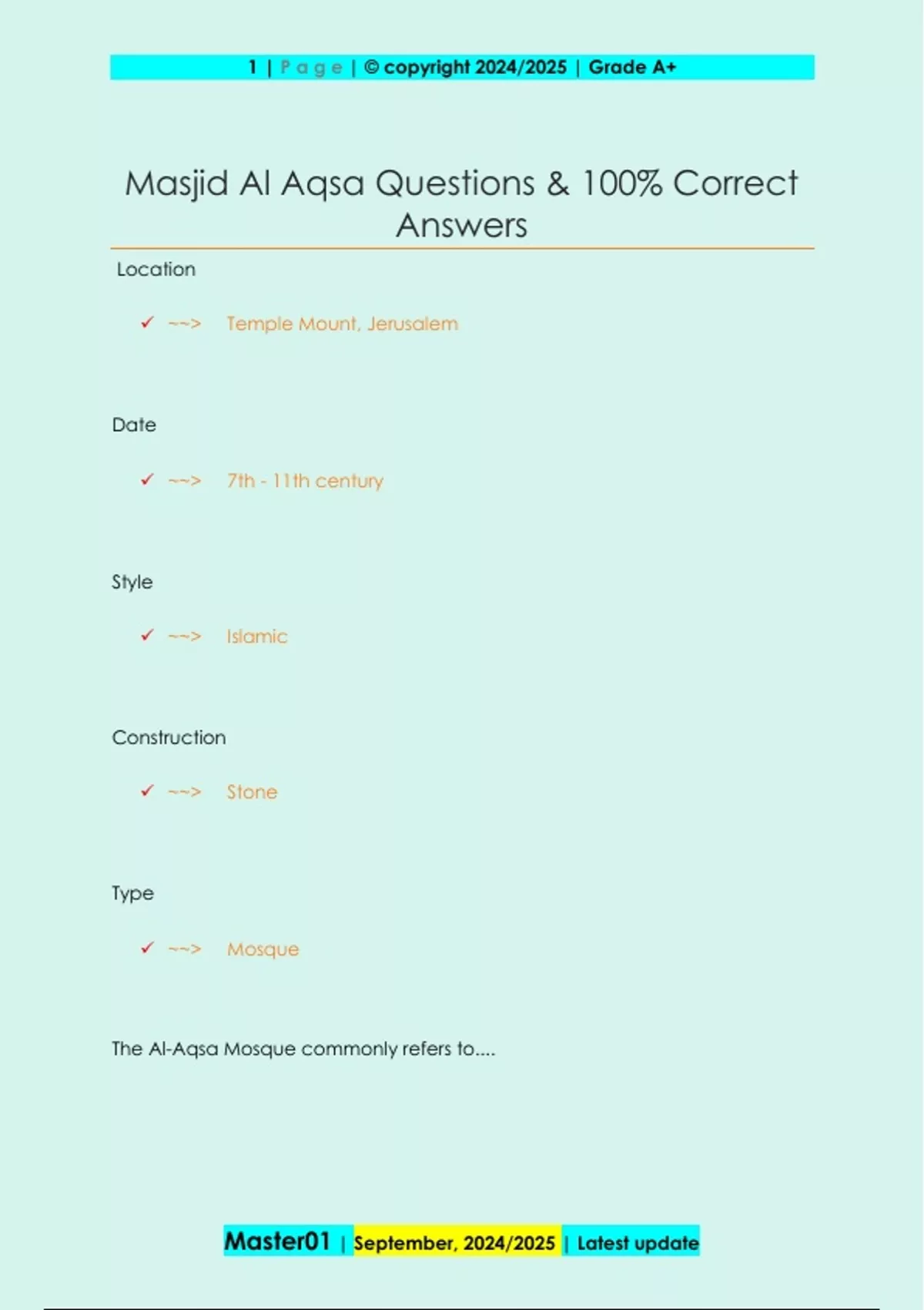 Masjid Al Aqsa Questions & 100% Correct Answers - Masjid Al Aqsa ...