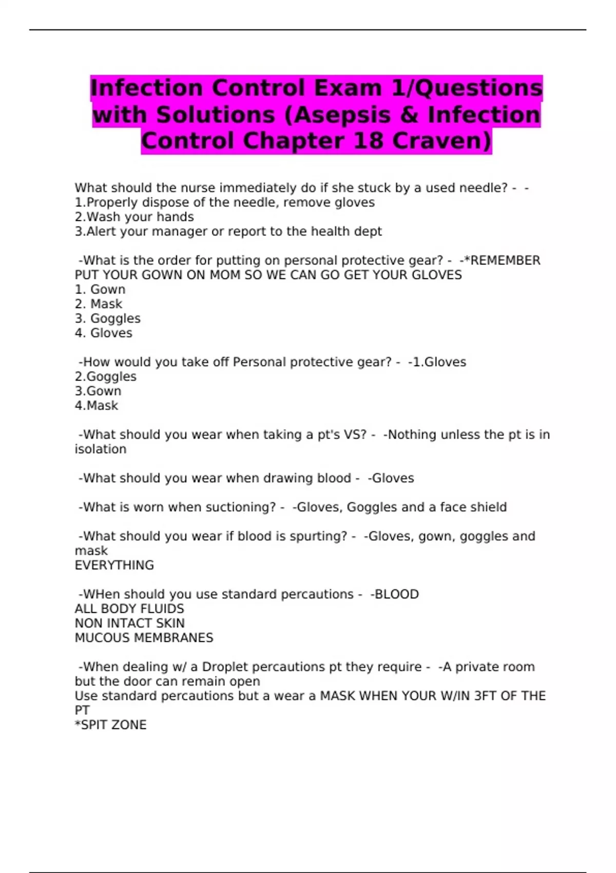 Infection Control Exam 1 Questions With Solutions Asepsis And Infection Control Chapter 18 Craven