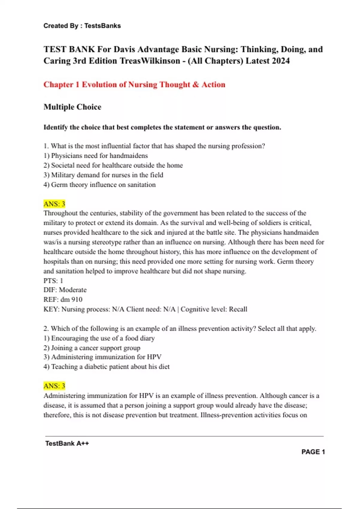 TEST BANK For Davis Advantage Basic Nursing: Thinking, Doing, and ...