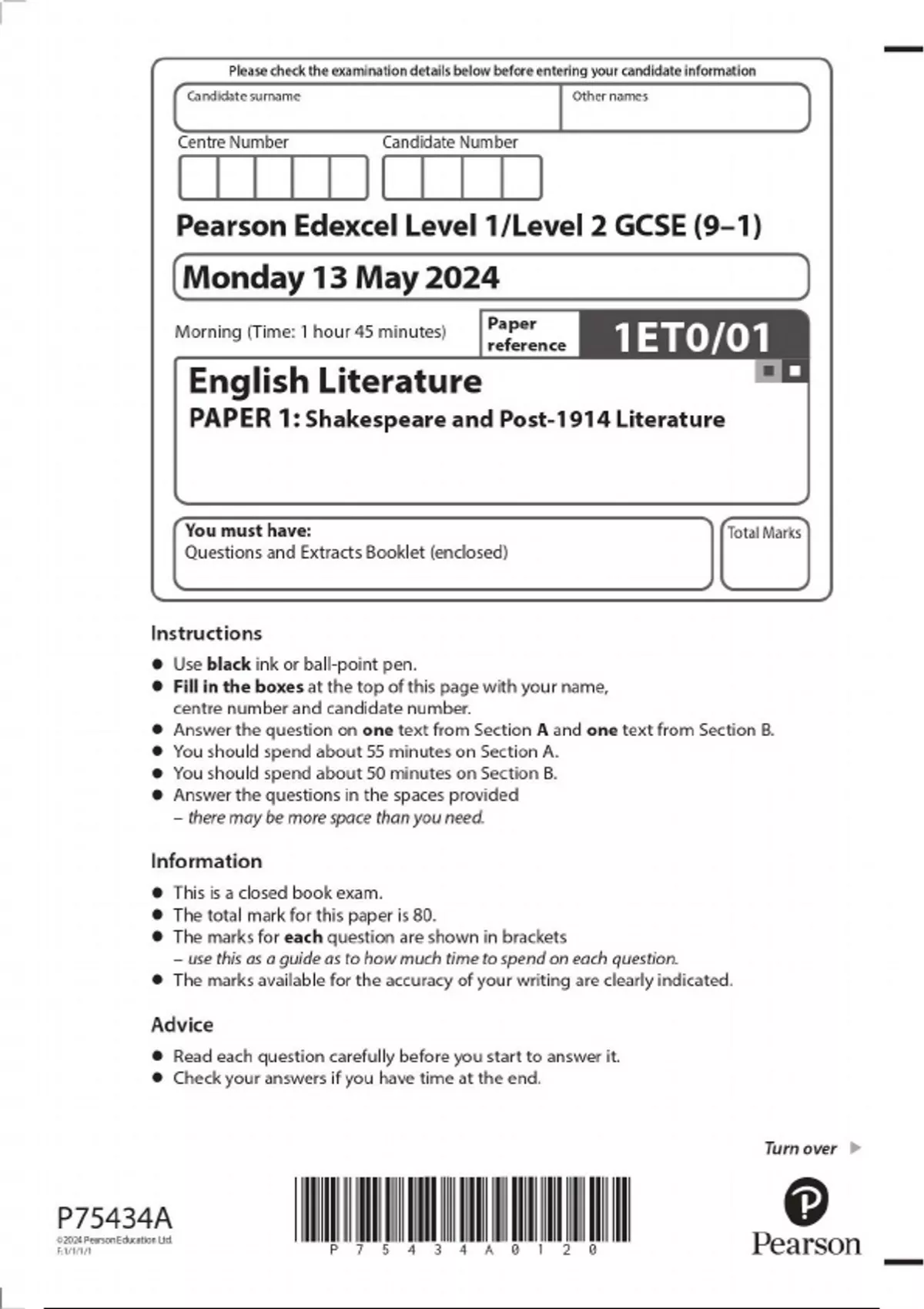 GCSE EDEXCEL May 2024 English Literature Paper 1 2 with mark schemes - Stuvia UK