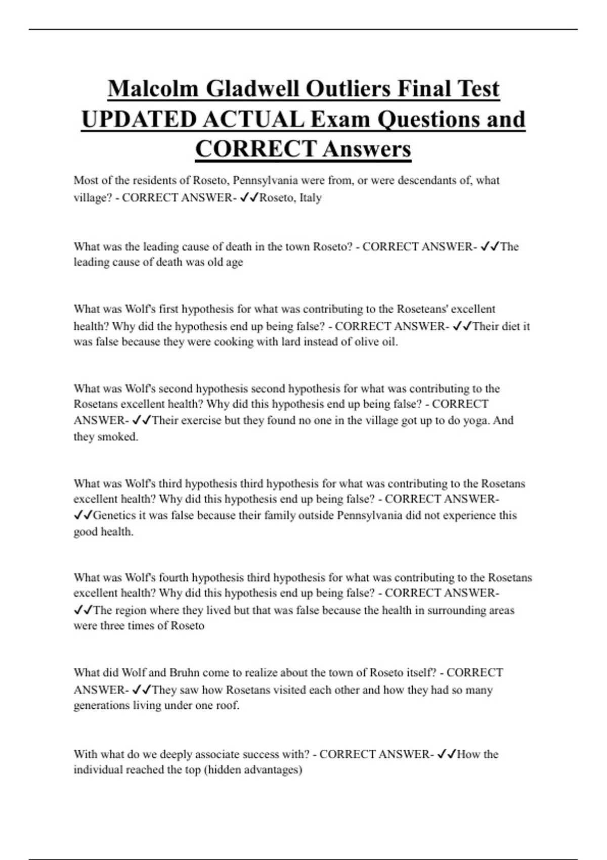 Malcolm Gladwell Outliers Final Test UPDATED ACTUAL Exam Questions and ...