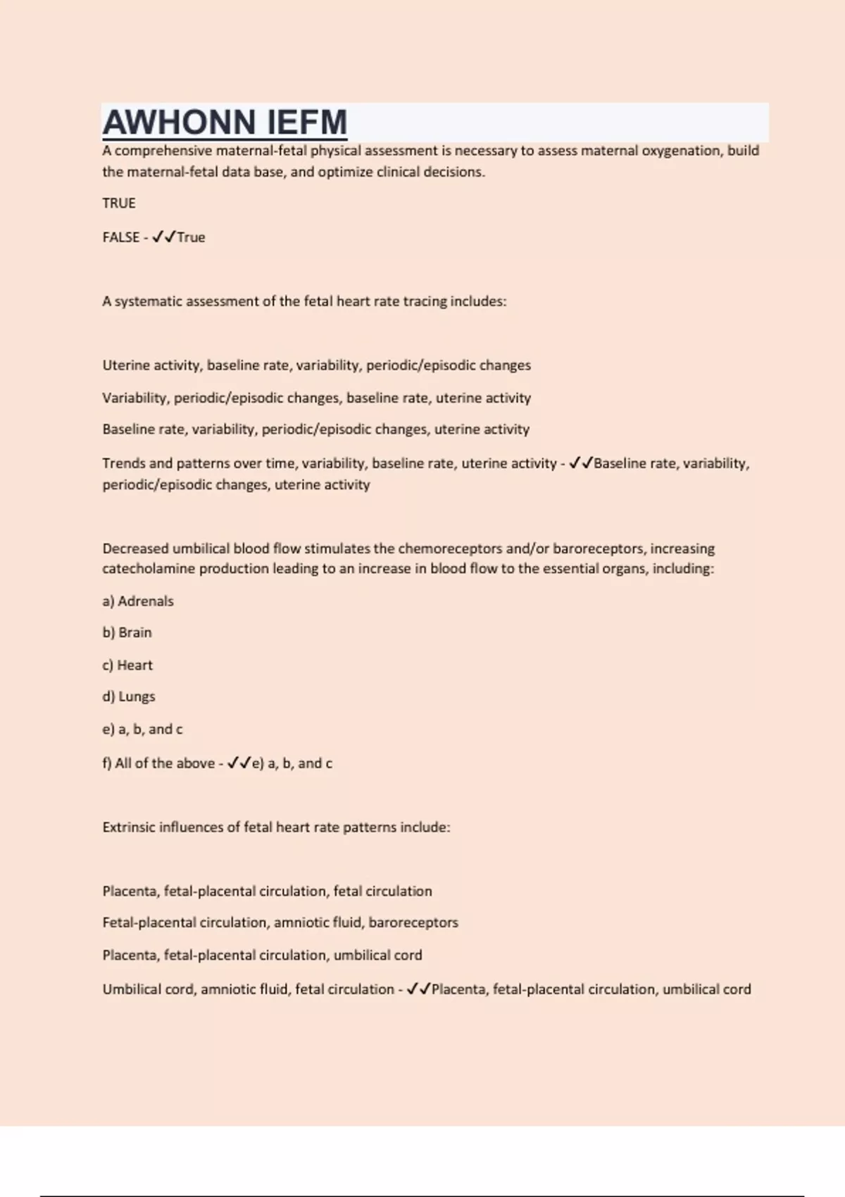 AWHONN Intermediate Fetal Monitoring TEST Questions and Answers(A+ ...