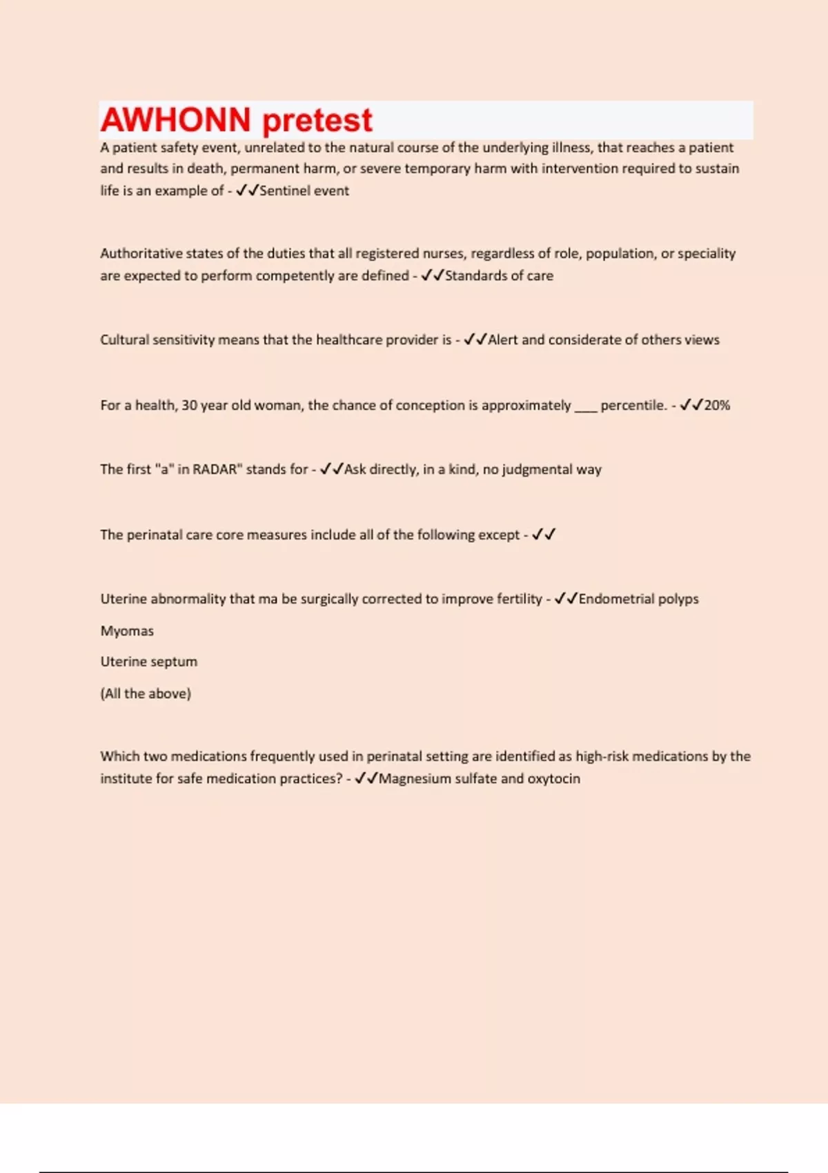AWHONN Intermediate Fetal Monitoring pretest with 100%verified answers ...