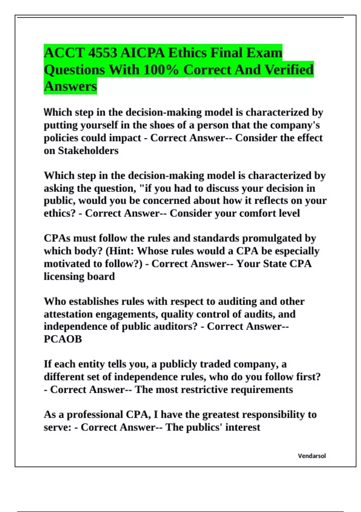 ACCT 4553 AICPA Ethics Final Exam Questions With 100% Correct And Verified Answers - ACCT 4553 ...